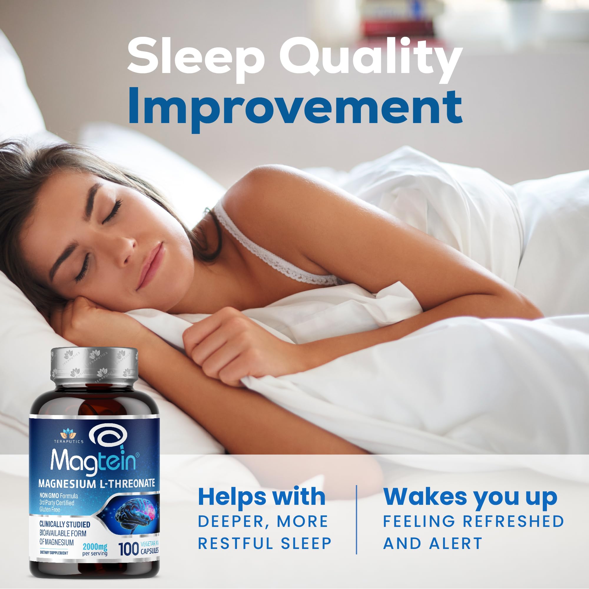 Magnesium L Threonate (Original Magtein Formula) - 2000 mg 100 Vegan Capsules Non-GMO Highly Absorptive Pure Supplement A Vitamin for Cognition Pills are Without Laxative Properties
