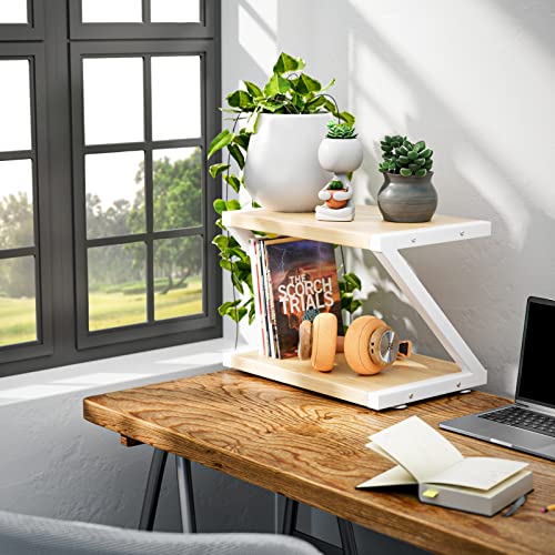 HUANUO Printer Stand, Desktop Stand for Printer, Printer Stand with Storage, Desktop Shelf with Anti-Skid Pads, Printer Table Organizer, Printer Shelf w/ 2 Tier Tray & Hardware & Steel (Light Wood)