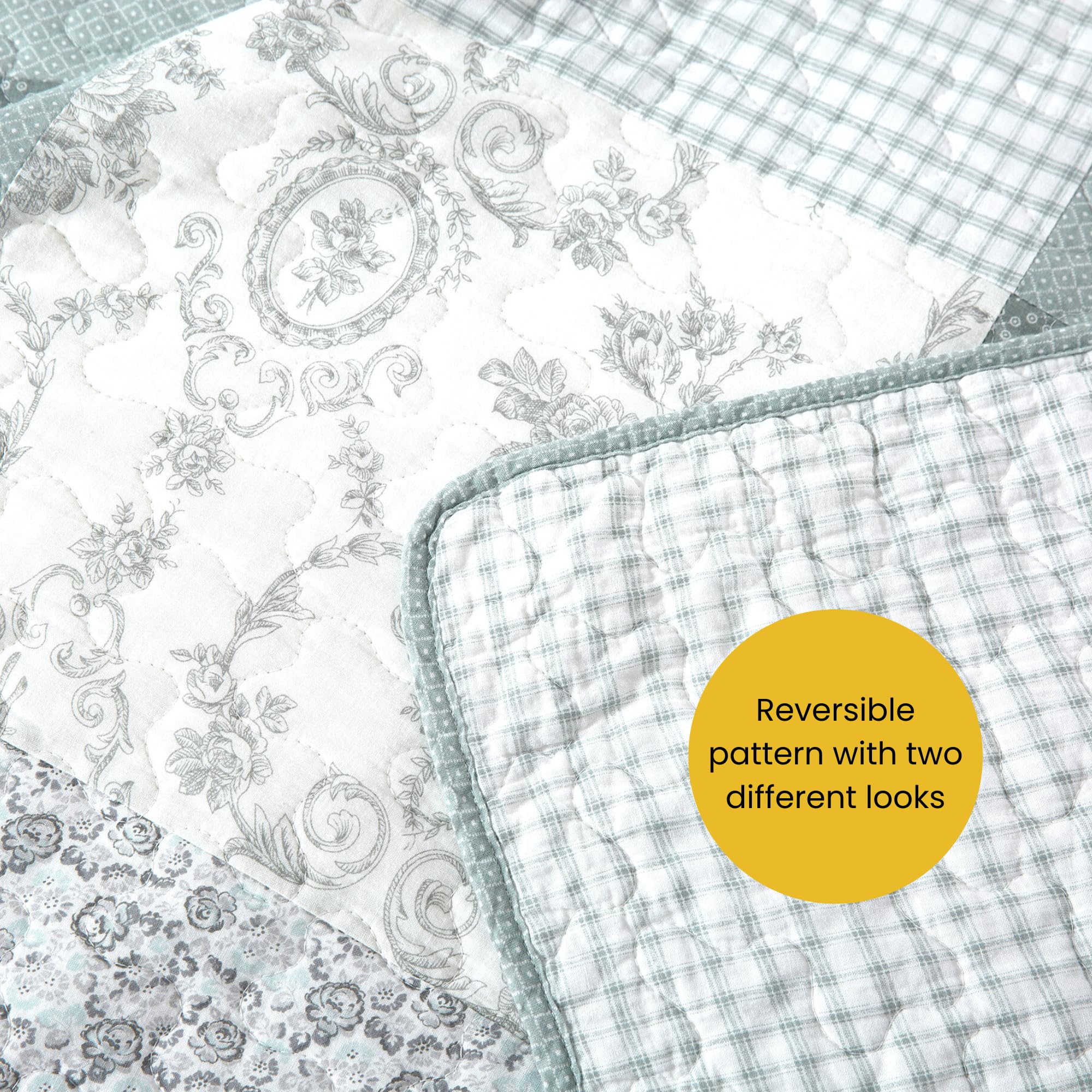 Soul & Lane Memory Lane 3-Piece Cotton Quilt Set - Queen Size with 2 Shams, Sage Green Patchwork Quilted Comforter, Lightweight Country Pieced Bedspread, Neutral Modern Farmhouse Bedding