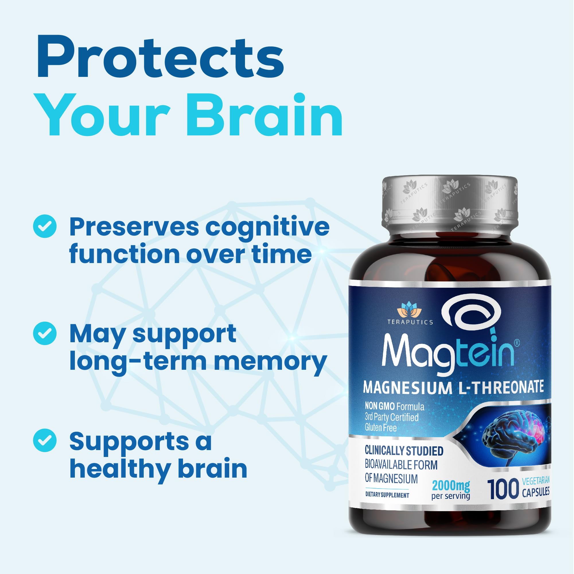 Magnesium L Threonate (Original Magtein Formula) - 2000 mg 100 Vegan Capsules Non-GMO Highly Absorptive Pure Supplement A Vitamin for Cognition Pills are Without Laxative Properties