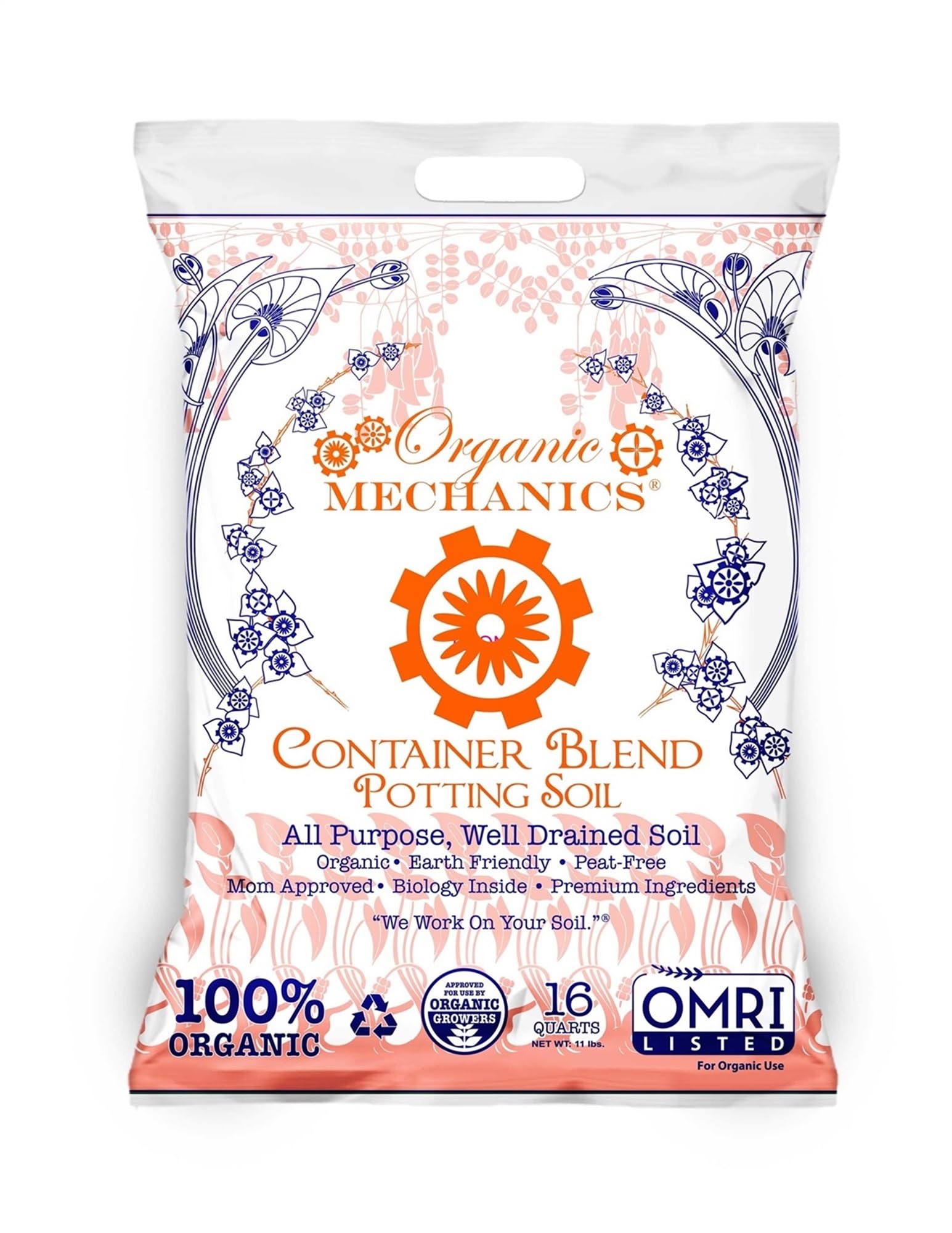 Organic Mechanics Container Blend Potting Soil, 16 Quarts – with Compost, Aged Pine Bark, Coir, Rice Hulls, and Worm Castings for Growing Annuals & Outdoor Containers - Peat-Free & Eco-Friendly