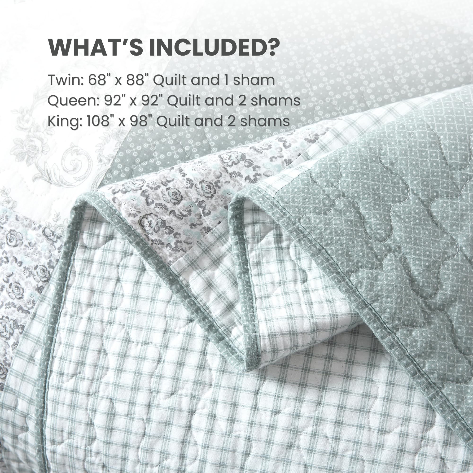 Soul & Lane Memory Lane 3-Piece Cotton Quilt Set - Queen Size with 2 Shams, Sage Green Patchwork Quilted Comforter, Lightweight Country Pieced Bedspread, Neutral Modern Farmhouse Bedding