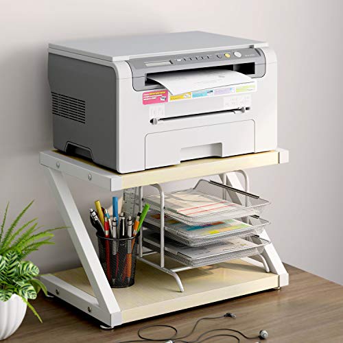 HUANUO Printer Stand, Desktop Stand for Printer, Printer Stand with Storage, Desktop Shelf with Anti-Skid Pads, Printer Table Organizer, Printer Shelf w/ 2 Tier Tray & Hardware & Steel (Light Wood)