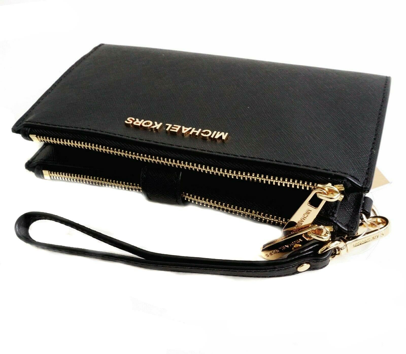 Michael Kors Women's Jet Set Travel Double Zip Wristlet, Black Saffiano, One Size