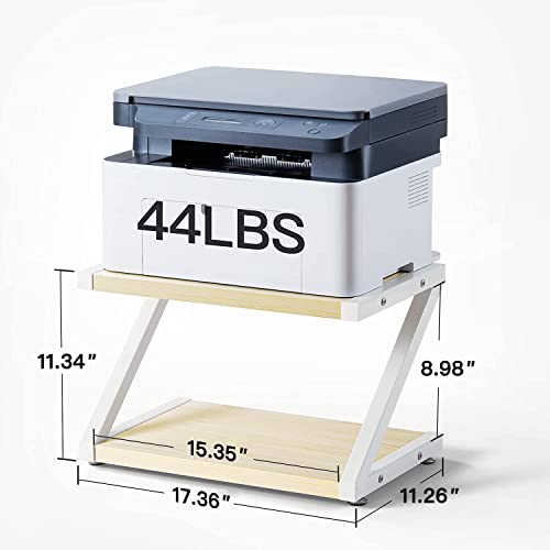 HUANUO Printer Stand, Desktop Stand for Printer, Printer Stand with Storage, Desktop Shelf with Anti-Skid Pads, Printer Table Organizer, Printer Shelf w/ 2 Tier Tray & Hardware & Steel (Light Wood)