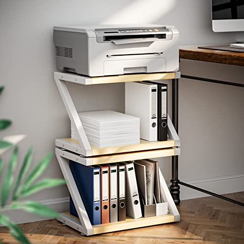 HUANUO Printer Stand, Desktop Stand for Printer, Printer Stand with Storage, Desktop Shelf with Anti-Skid Pads, Printer Table Organizer, Printer Shelf w/ 2 Tier Tray & Hardware & Steel (Light Wood)