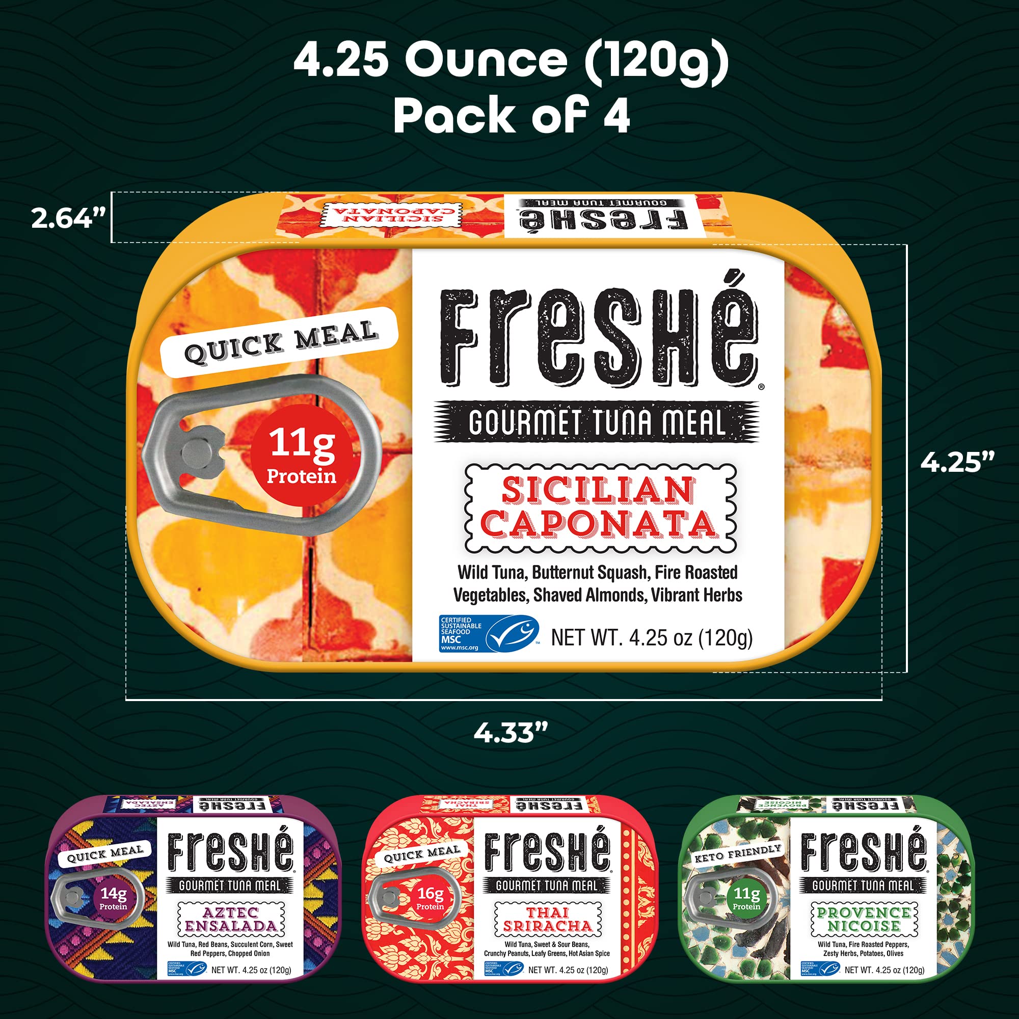 Freshé Gourmet Canned Tuna Variety Pack (4 Pack) Healthy High-Protein Skipjack Fish & Ready-to-Eat Meal – All-Natural, Non-GMO, Wild-Caught Tuna – Gluten Free Diet Friendly