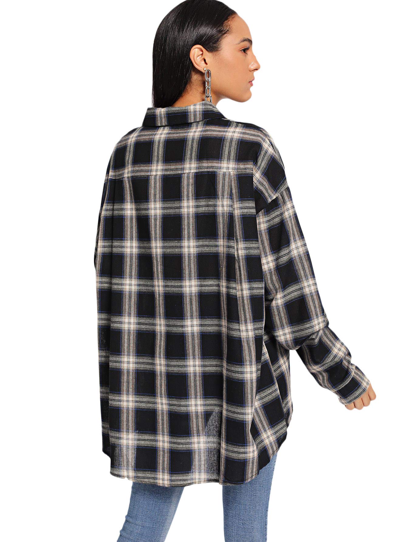 SweatyRocks Women's Long Sleeve Collar Long Button Down Plaid Shirt Blouse Tops Black Large