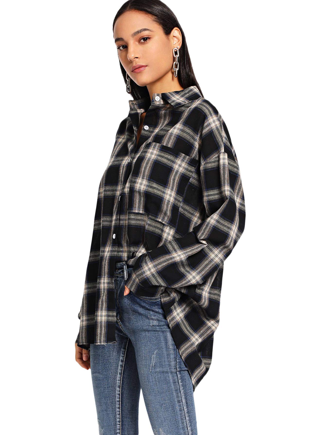 SweatyRocks Women's Long Sleeve Collar Long Button Down Plaid Shirt Blouse Tops Black Large