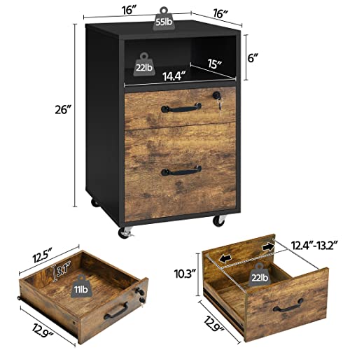 Yaheetech Mobile File Cabinet with 2 Drawers and Open Compartment, Under Desk Vertical File Cabinet with Lockable Wheels for A4, Letter Size Hanging File Folders Printer Stand for Home Office
