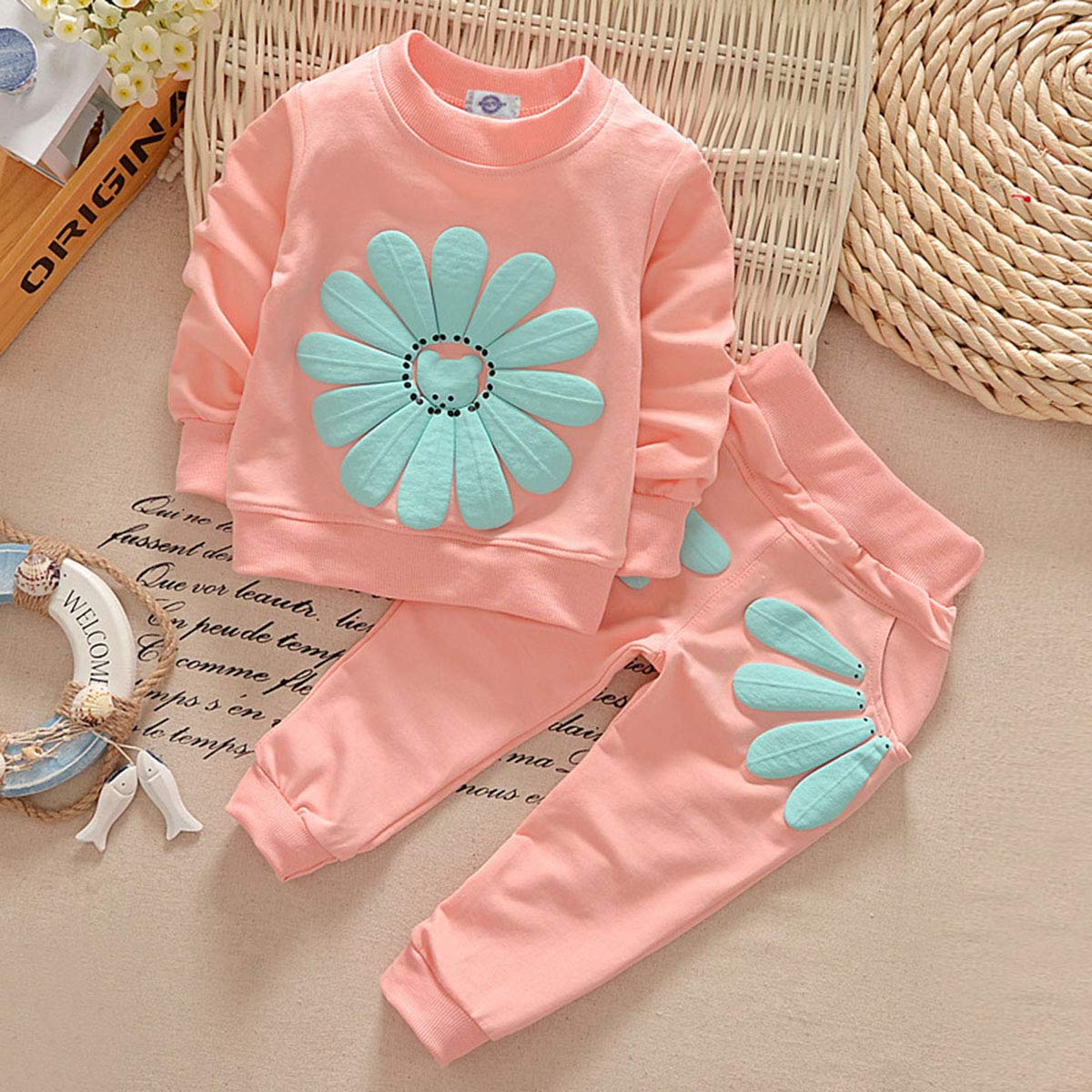 oddler Baby Girls Sunflower Clothes Set Long Sleeve Top and Pants 2pcs Outfits Fall Clothes (Age(4T), Pink)