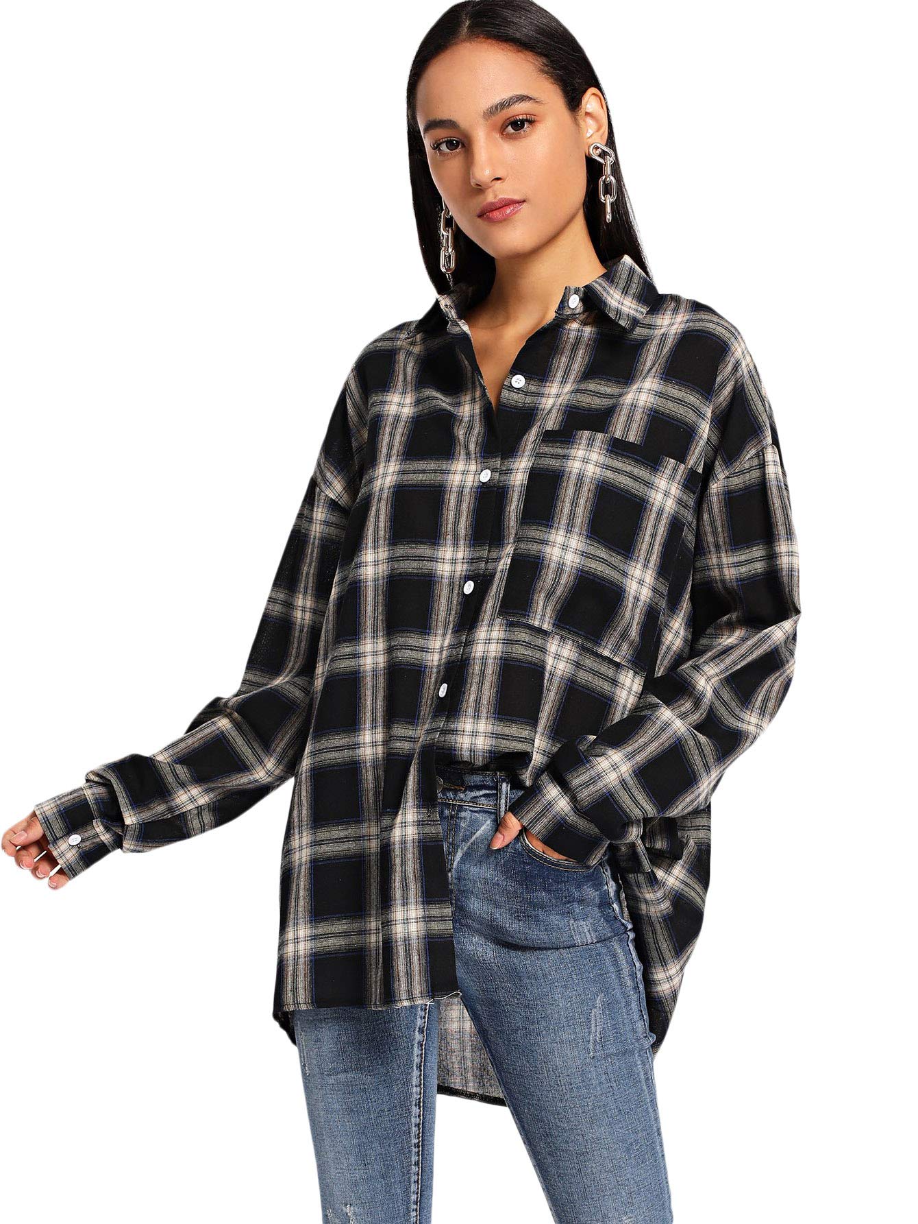 SweatyRocks Women's Long Sleeve Collar Long Button Down Plaid Shirt Blouse Tops Black Large