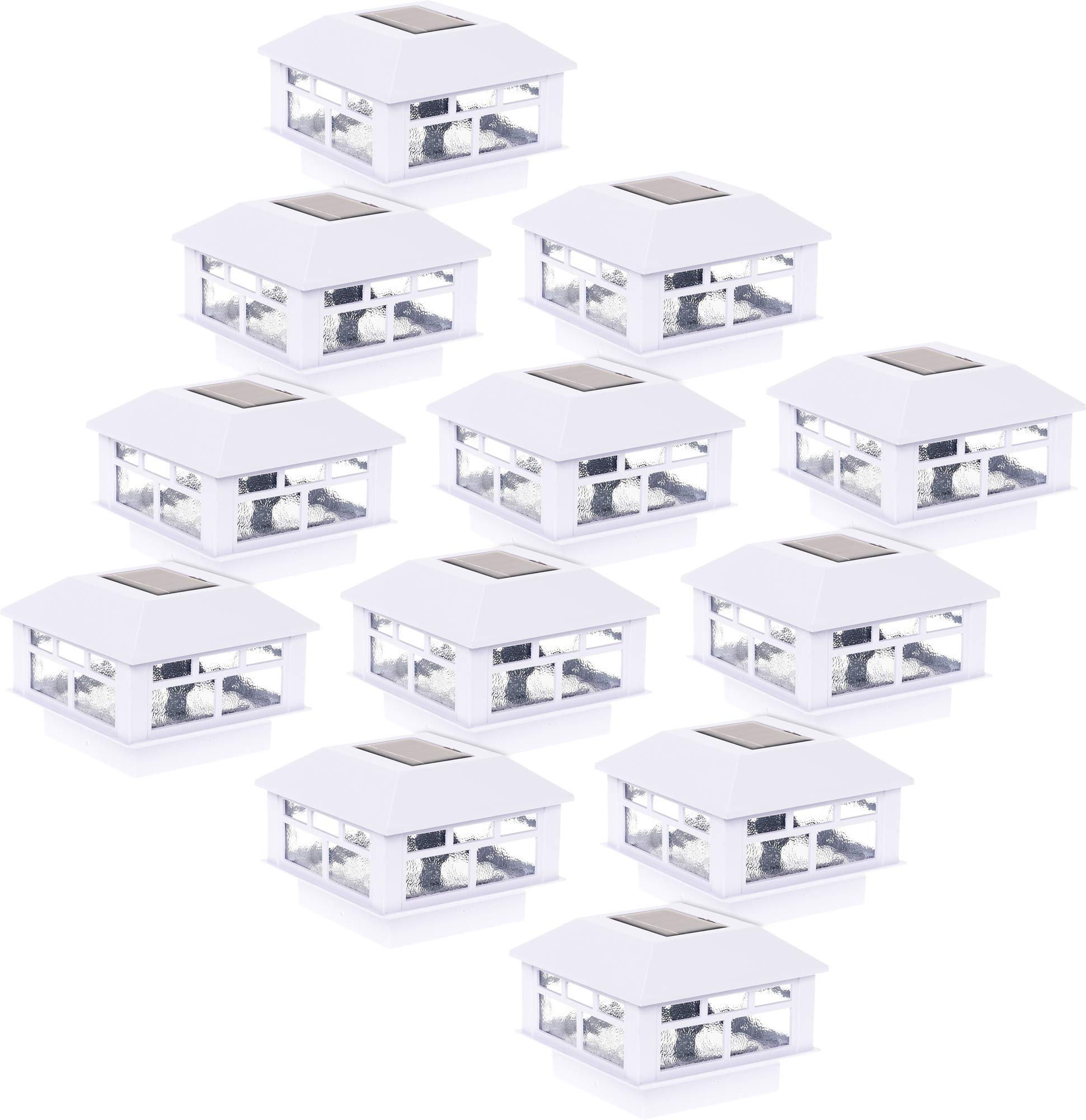 GreenLighting Modern Solar Post Cap Lights Fits 4x4 Wood, 5x5 PCV/Vinyl Outdoor Solar Powered Fence Light, Landscaping, Deck, Garden- Bright LED, Waterproof White 12 Pack