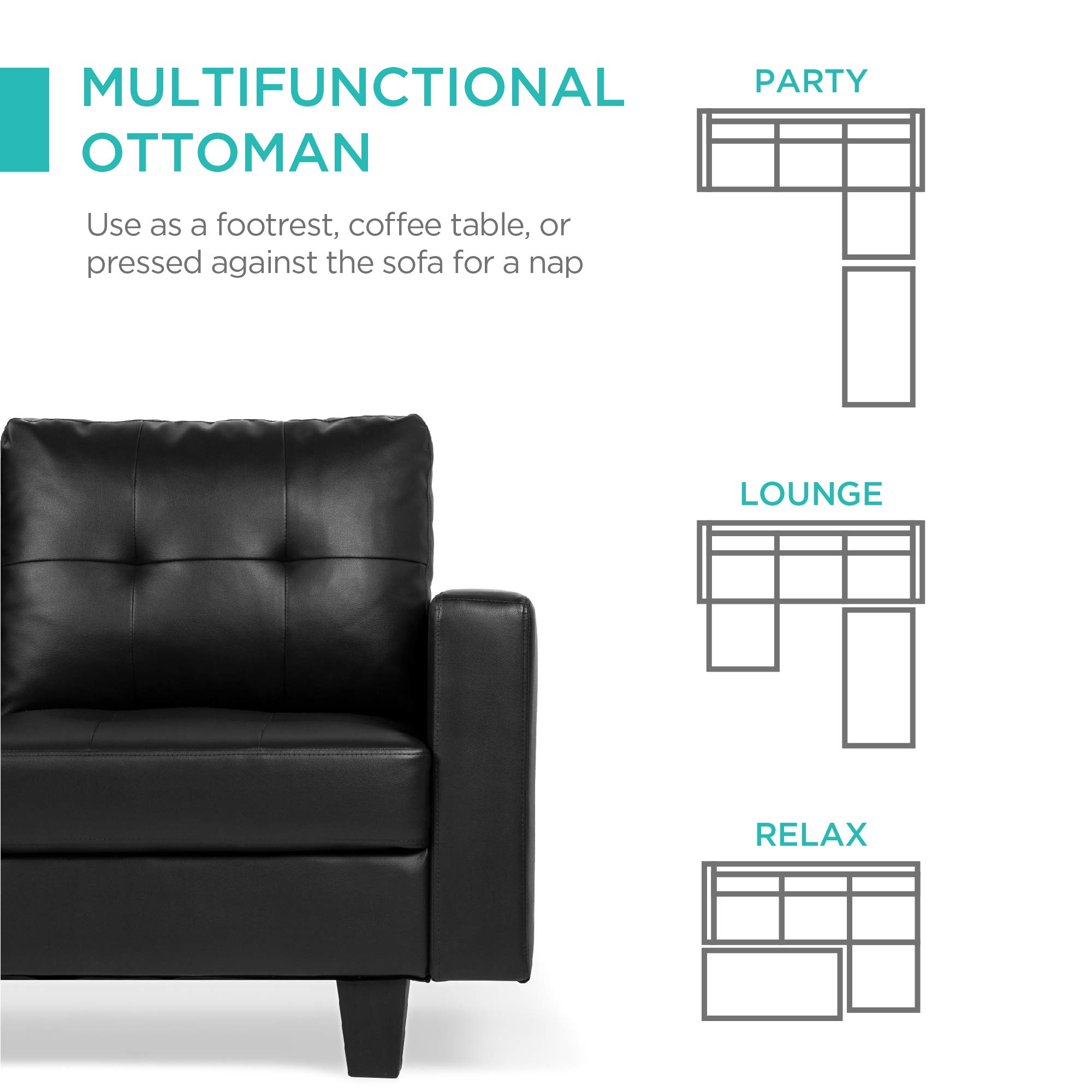 Best Choice Products Tufted Faux Leather 3-Seat L-Shape Sectional Sofa Couch Set w/Chaise Lounge, Ottoman Coffee Table Bench, Black
