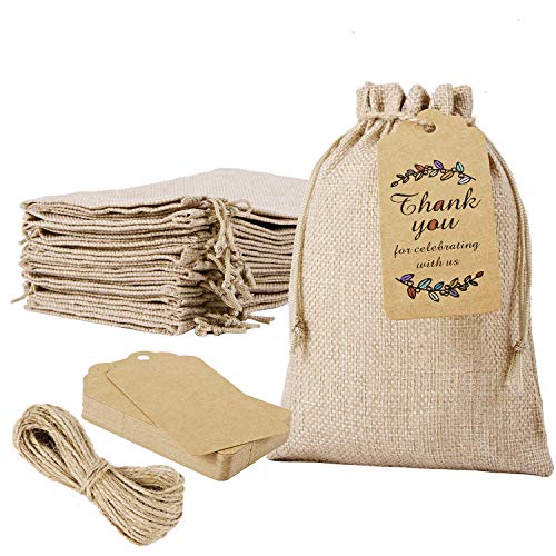 25 Burlap Bags with Drawstring Closure 5" x 7" Closure Gift Bags for Wedding Party, Arts & Crafts Projects, Presents, Snacks & Jewelry, Kitchen Storage Biodegradable Linen Sack Pouch Tags