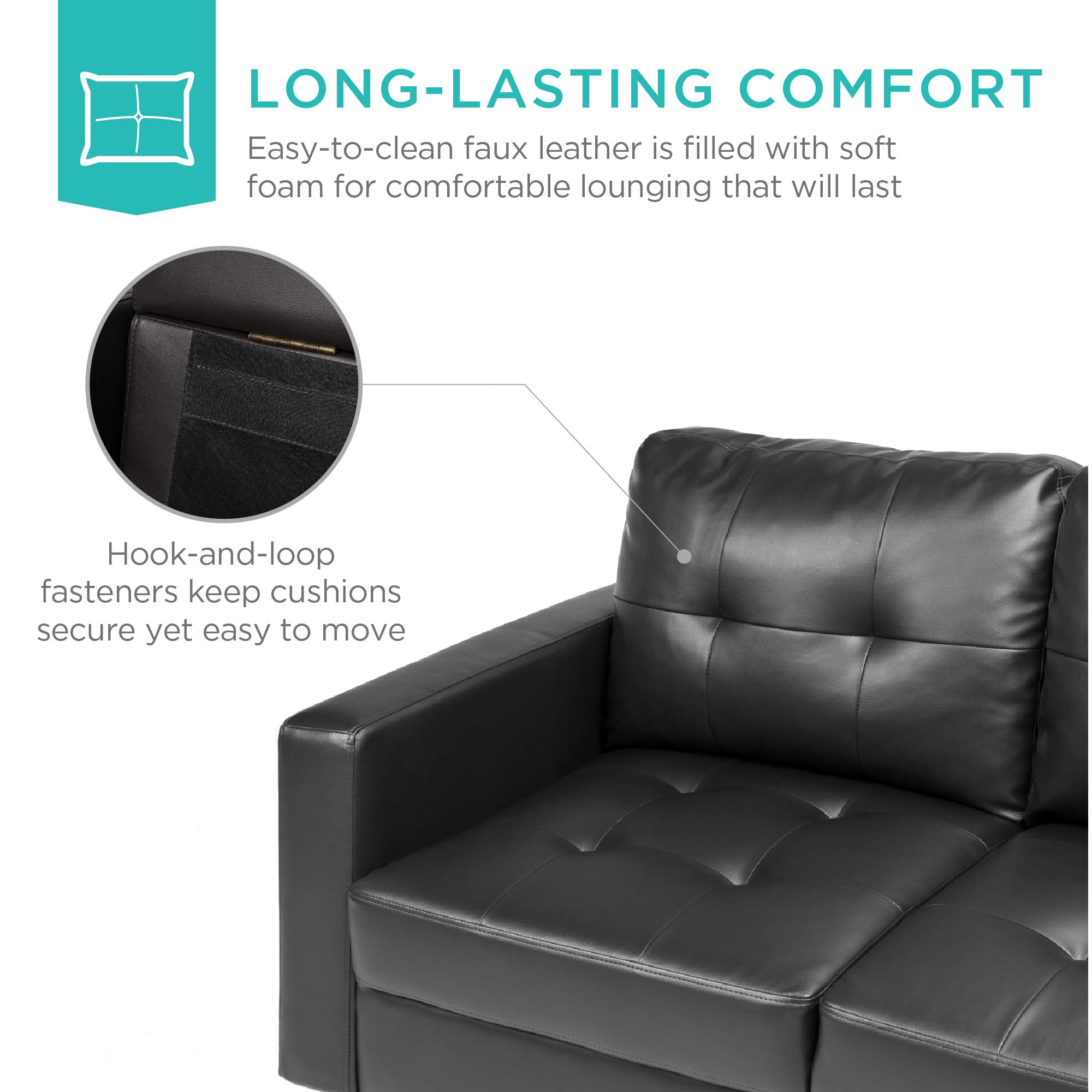 Best Choice Products Tufted Faux Leather 3-Seat L-Shape Sectional Sofa Couch Set w/Chaise Lounge, Ottoman Coffee Table Bench, Black