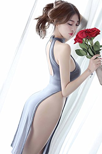 Unibaby Women's Sexy Cheongsam Halter Neck Slit Mini Party Club Dress S-M Grey