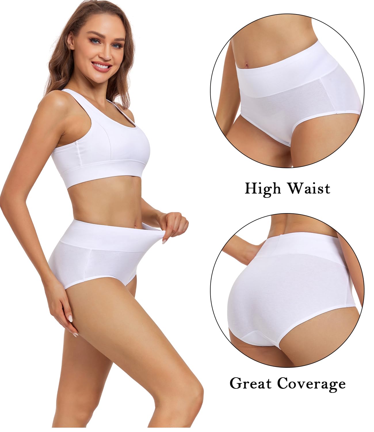 wirarpa Women's Cotton Underwear Panties High Waisted Full Briefs 4 Pack Ladies No Muffin Underpants White X-Large