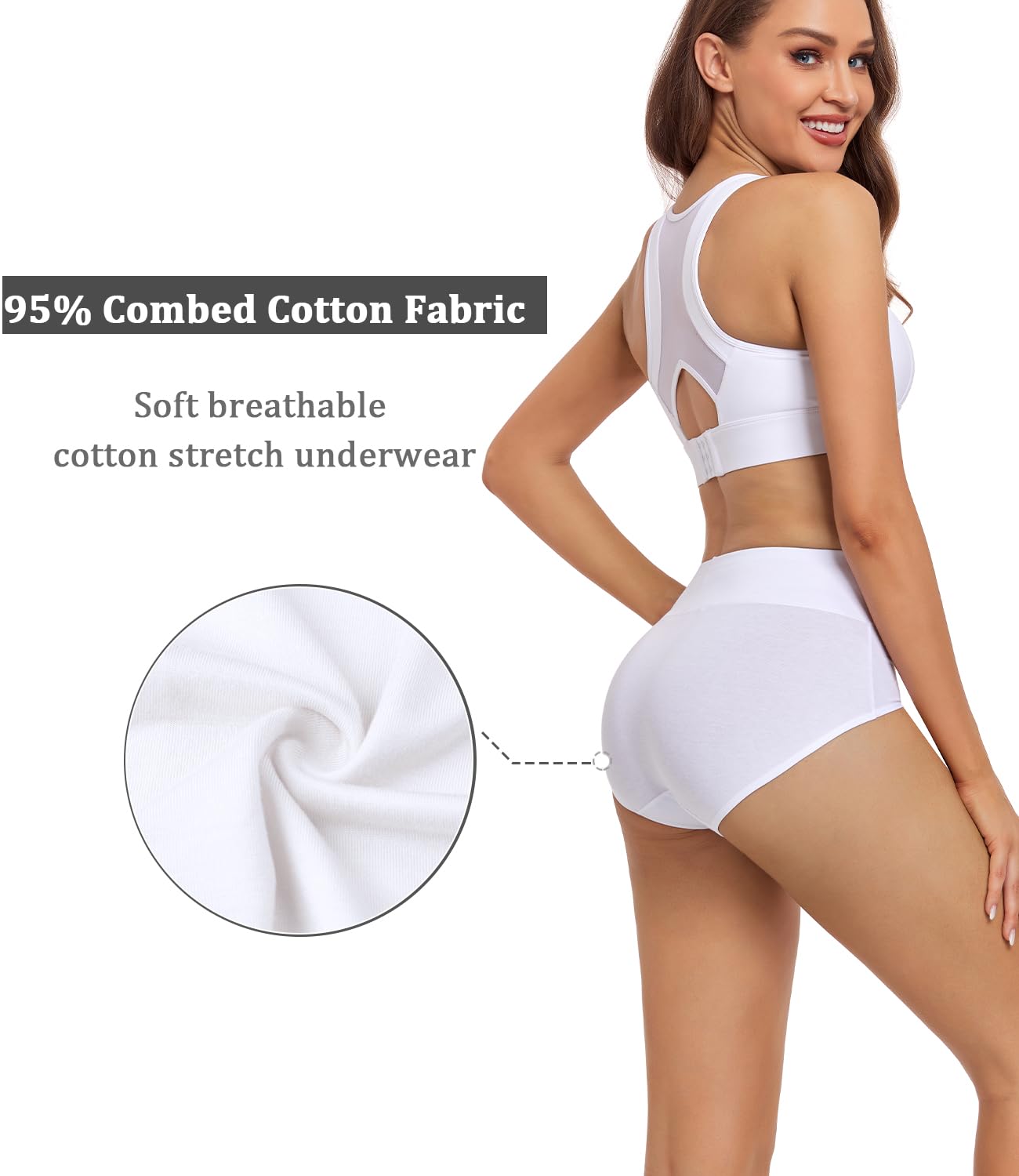 wirarpa Women's Cotton Underwear Panties High Waisted Full Briefs 4 Pack Ladies No Muffin Underpants White X-Large