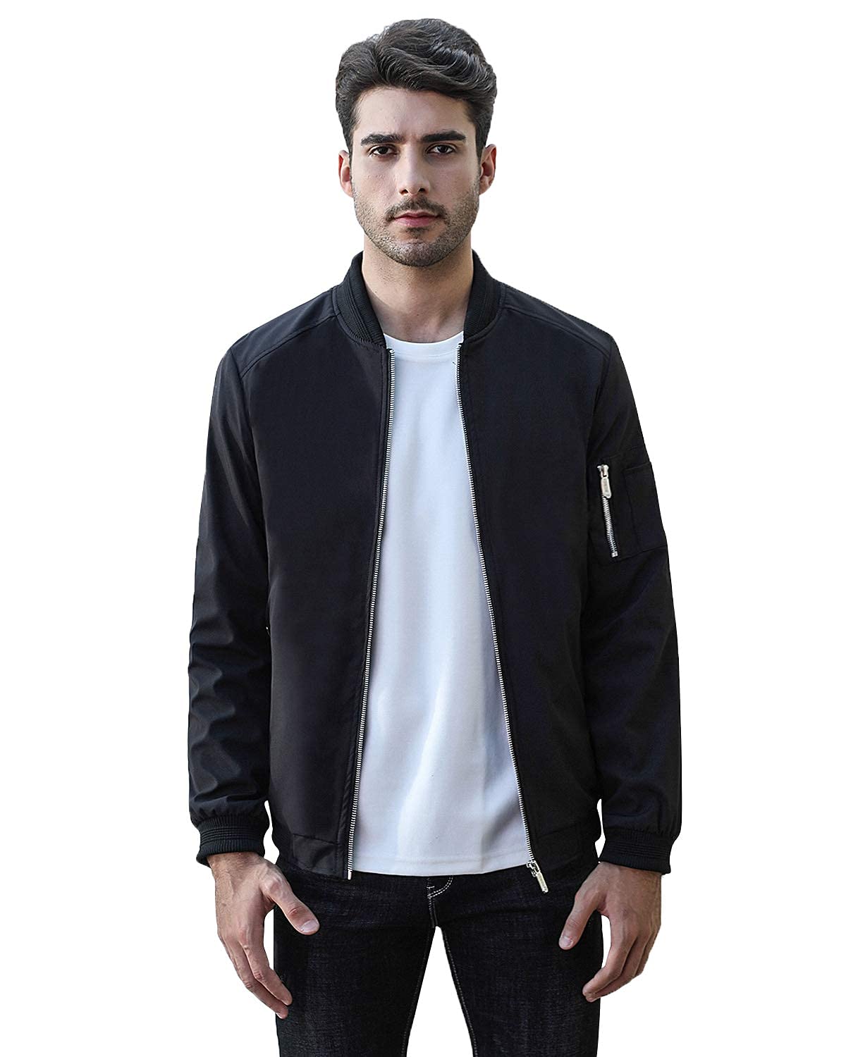 sandbank Men's Slim Fit Lightweight Softshell Flight Jacket Coat (US L =Asian tag 4XL,Black #2)