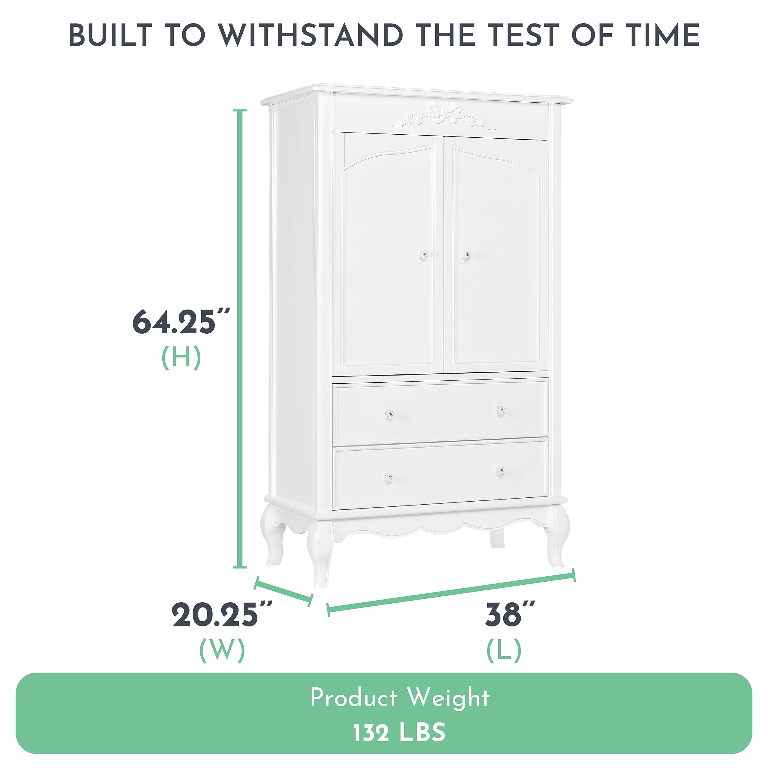 Evolur Aurora Armoire In Frost, Comes Fully assembled, Built Of Kiln-Dried Hardwood, Two Large Shelves, Spacious Storage