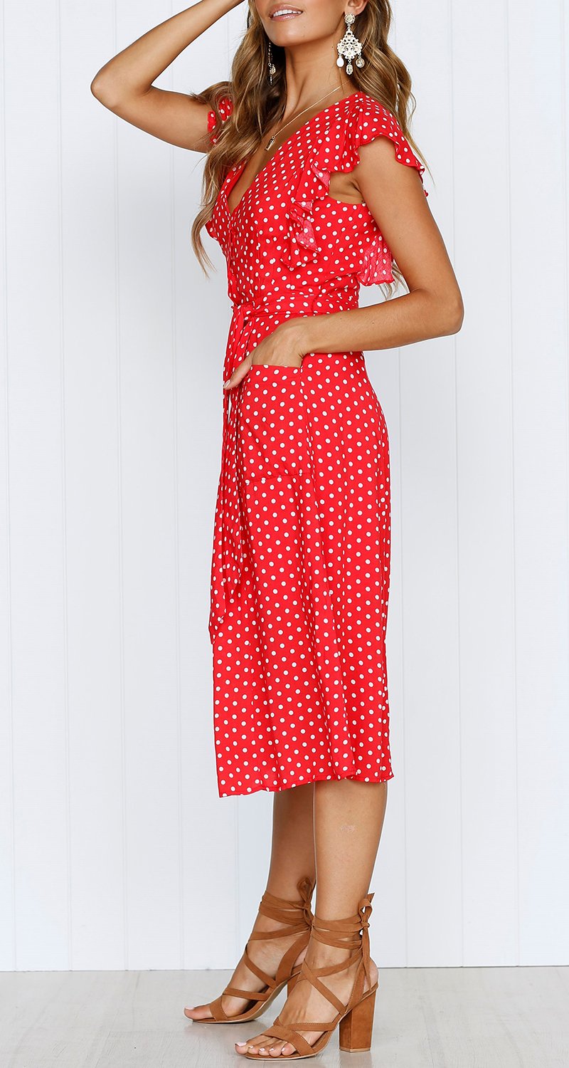 MITILLY Women's Boho Polka Dot Flutter Short Sleeve V Neck Button Down Swing Midi Dress with Pockets Medium Red