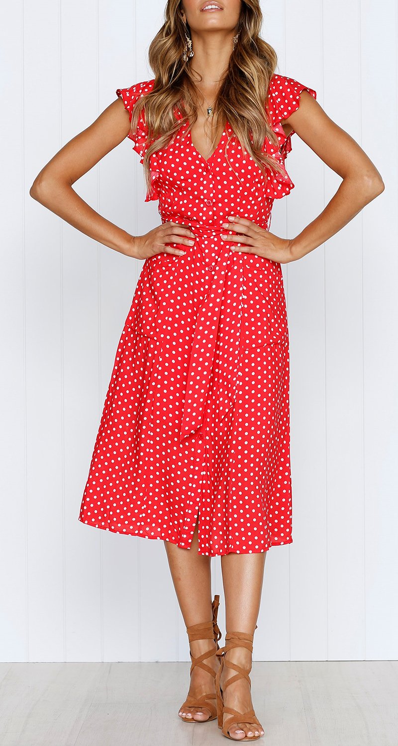MITILLY Women's Boho Polka Dot Flutter Short Sleeve V Neck Button Down Swing Midi Dress with Pockets Medium Red