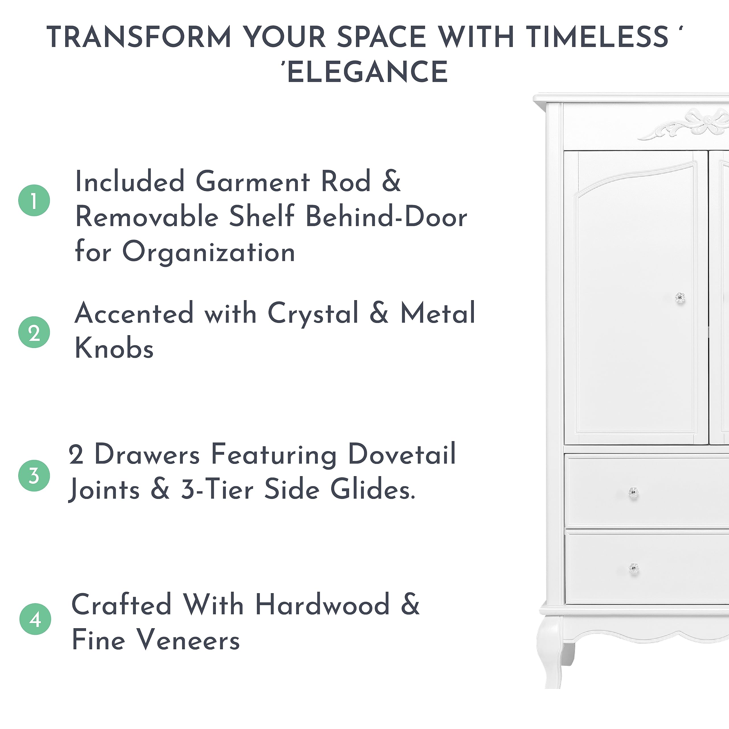 Evolur Aurora Armoire In Frost, Comes Fully assembled, Built Of Kiln-Dried Hardwood, Two Large Shelves, Spacious Storage