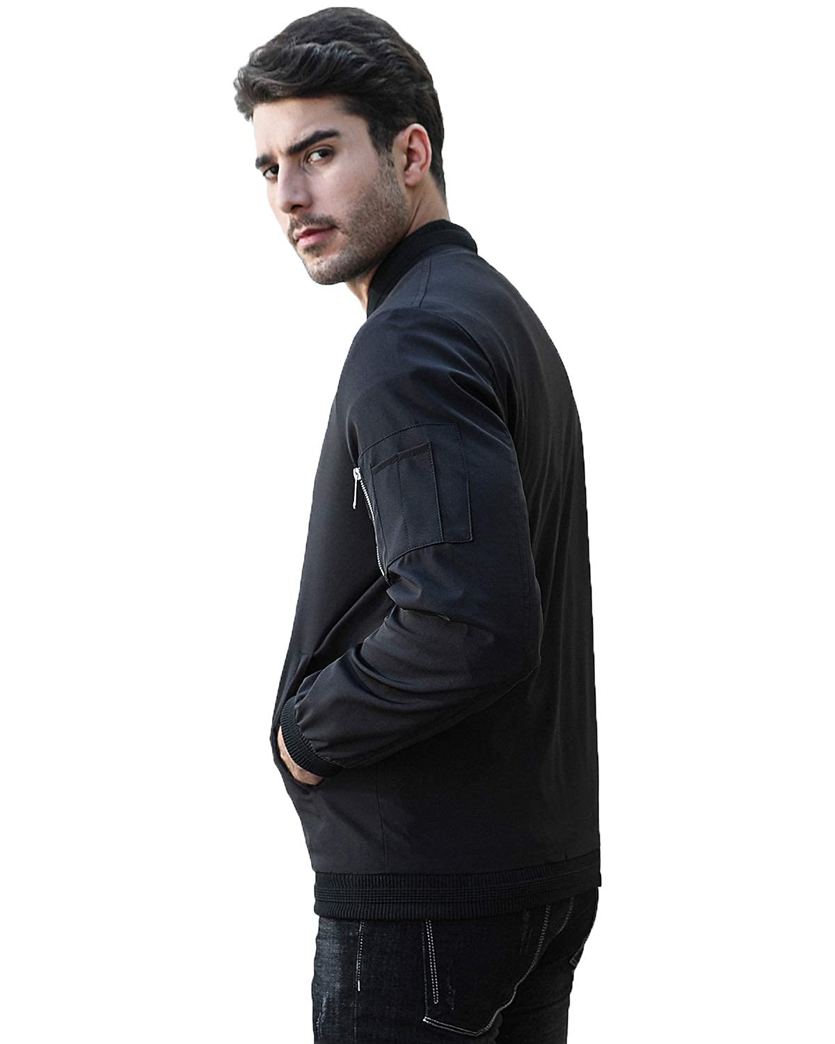 sandbank Men's Slim Fit Lightweight Softshell Flight Jacket Coat (US L =Asian tag 4XL,Black #2)
