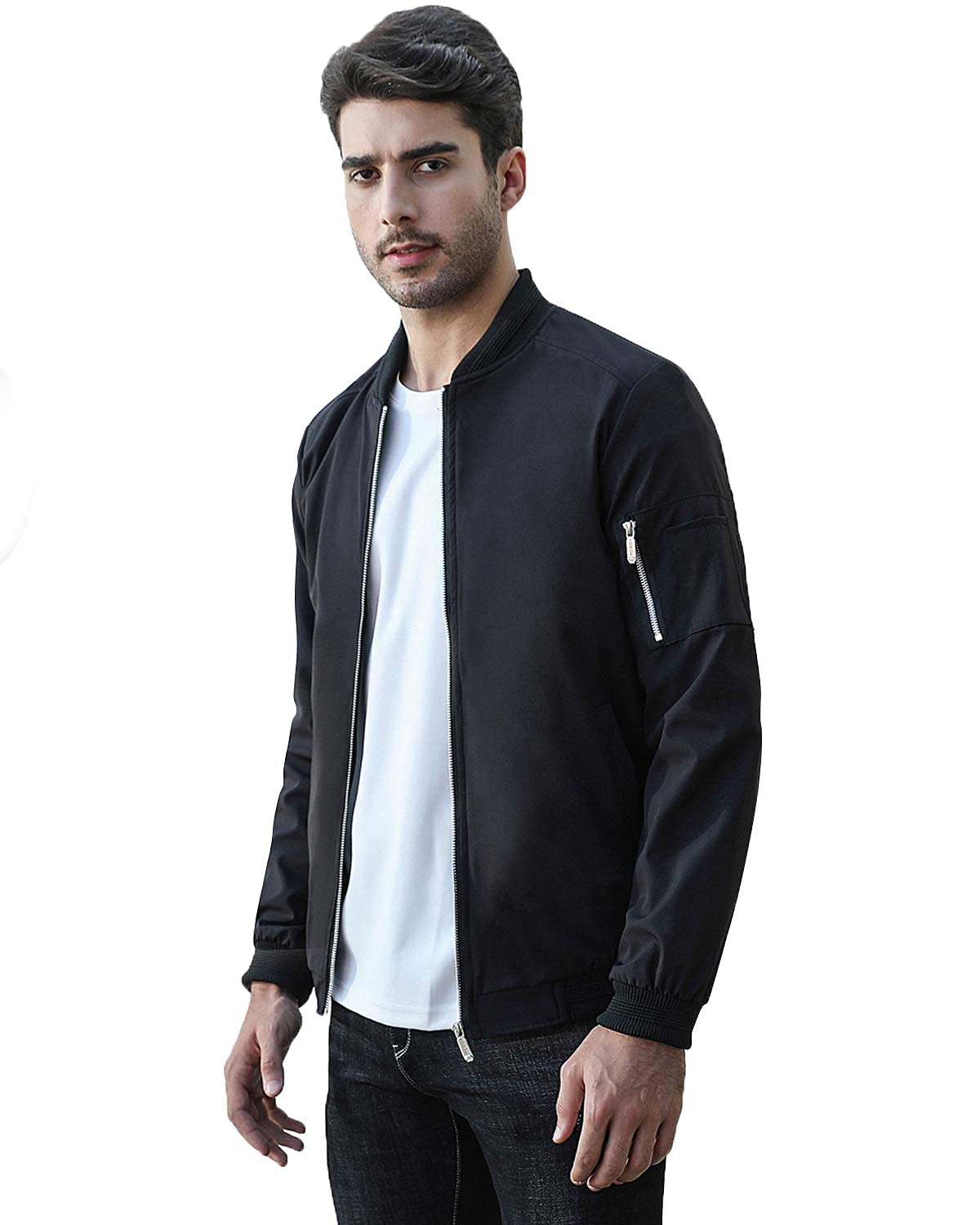 sandbank Men's Slim Fit Lightweight Softshell Flight Jacket Coat (US L =Asian tag 4XL,Black #2)