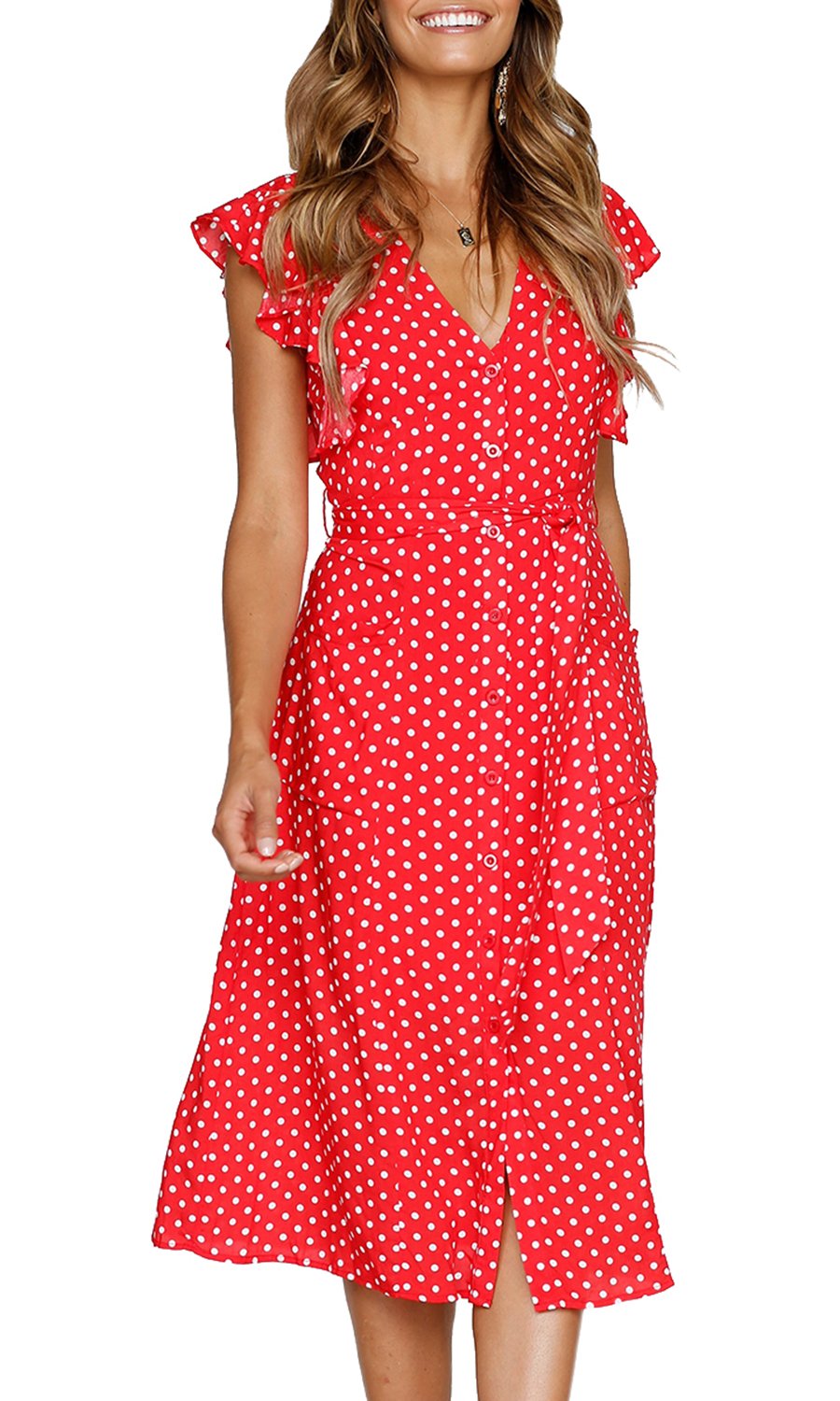 MITILLY Women's Boho Polka Dot Flutter Short Sleeve V Neck Button Down Swing Midi Dress with Pockets Medium Red