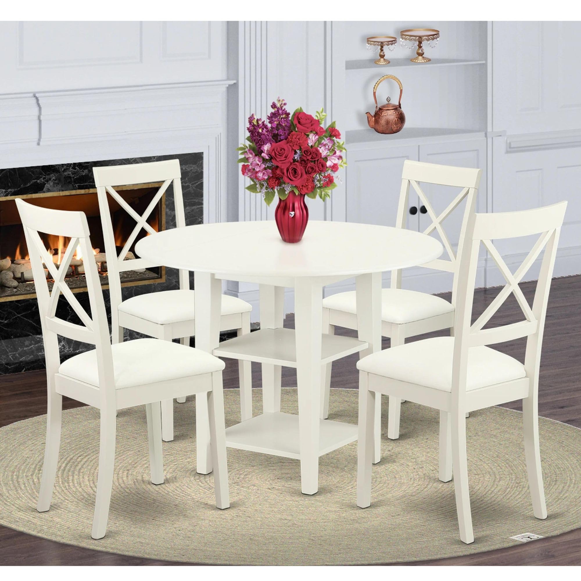 East West Furniture SUBO5-LWH-LC 5 Piece Dining Set Includes a Round Dining Table with Dropleaf & Shelves and 4 Faux Leather Kitchen Room Chairs, 42x42 Inch, Linen White
