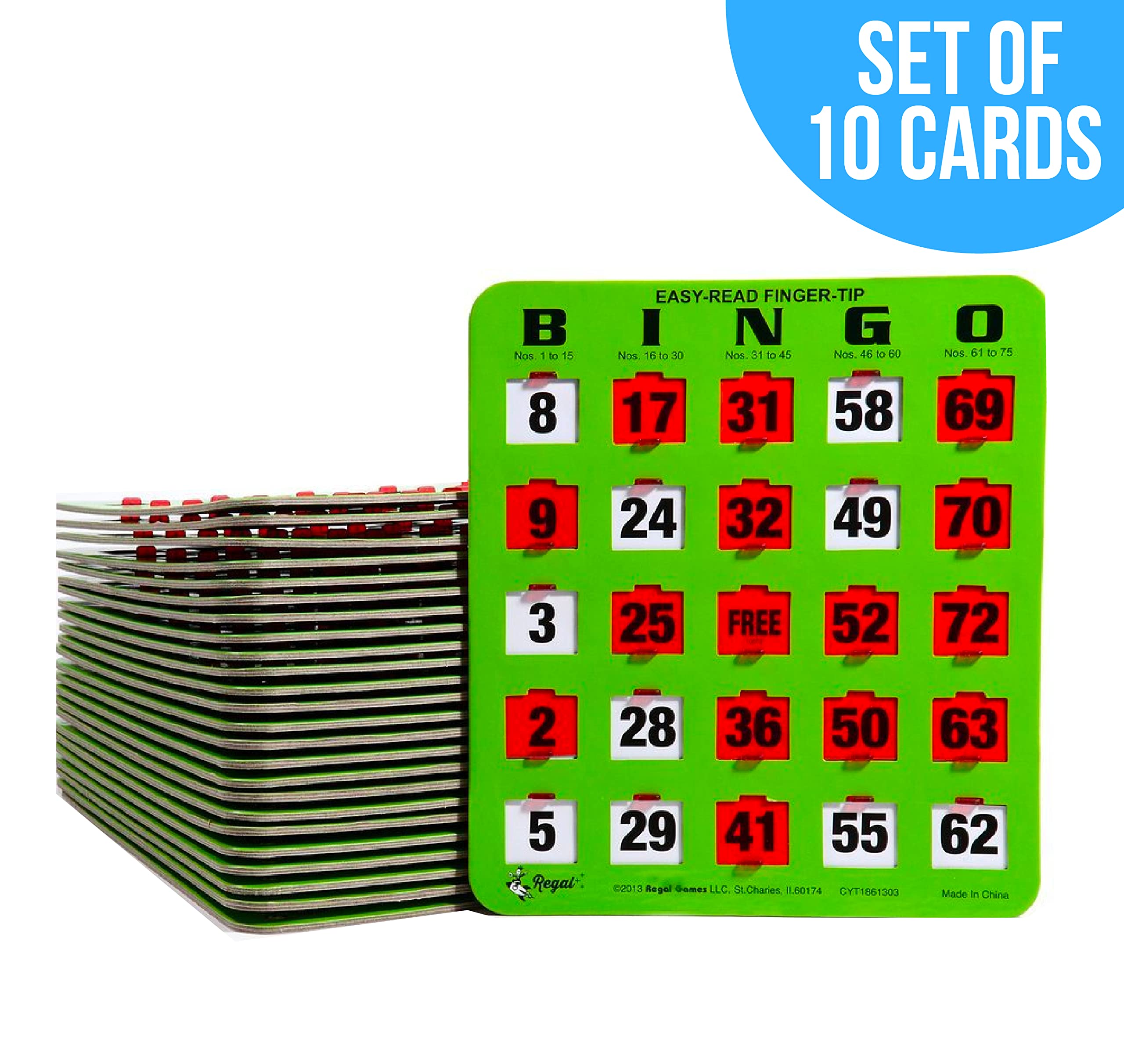 Regal Bingo Bulk Bingo Cards with Sliding Windows - Reusable Large Print Bingo Game Cards for Adults Large Group - 10 Pack, Green