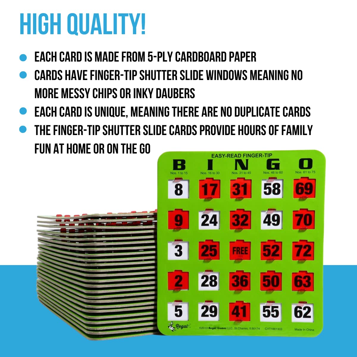 Regal Bingo Bulk Bingo Cards with Sliding Windows - Reusable Large Print Bingo Game Cards for Adults Large Group - 10 Pack, Green