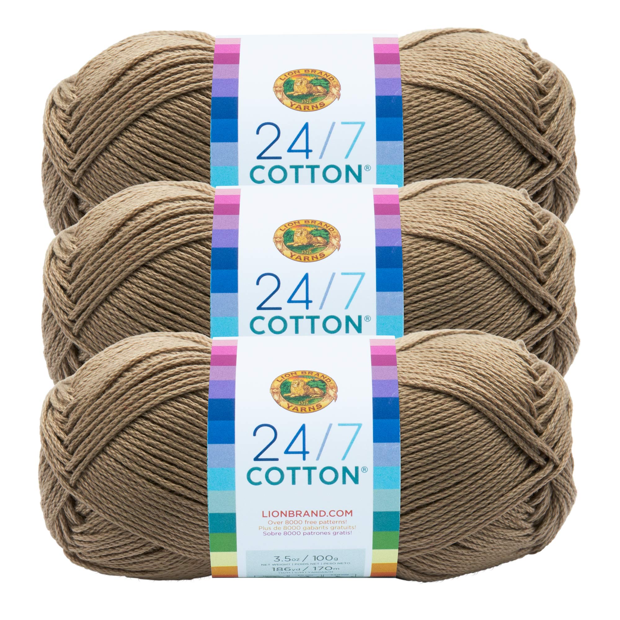 (3 Pack) Lion Brand Yarn 761-122 24/7 Cotton Yarn, Taupe
