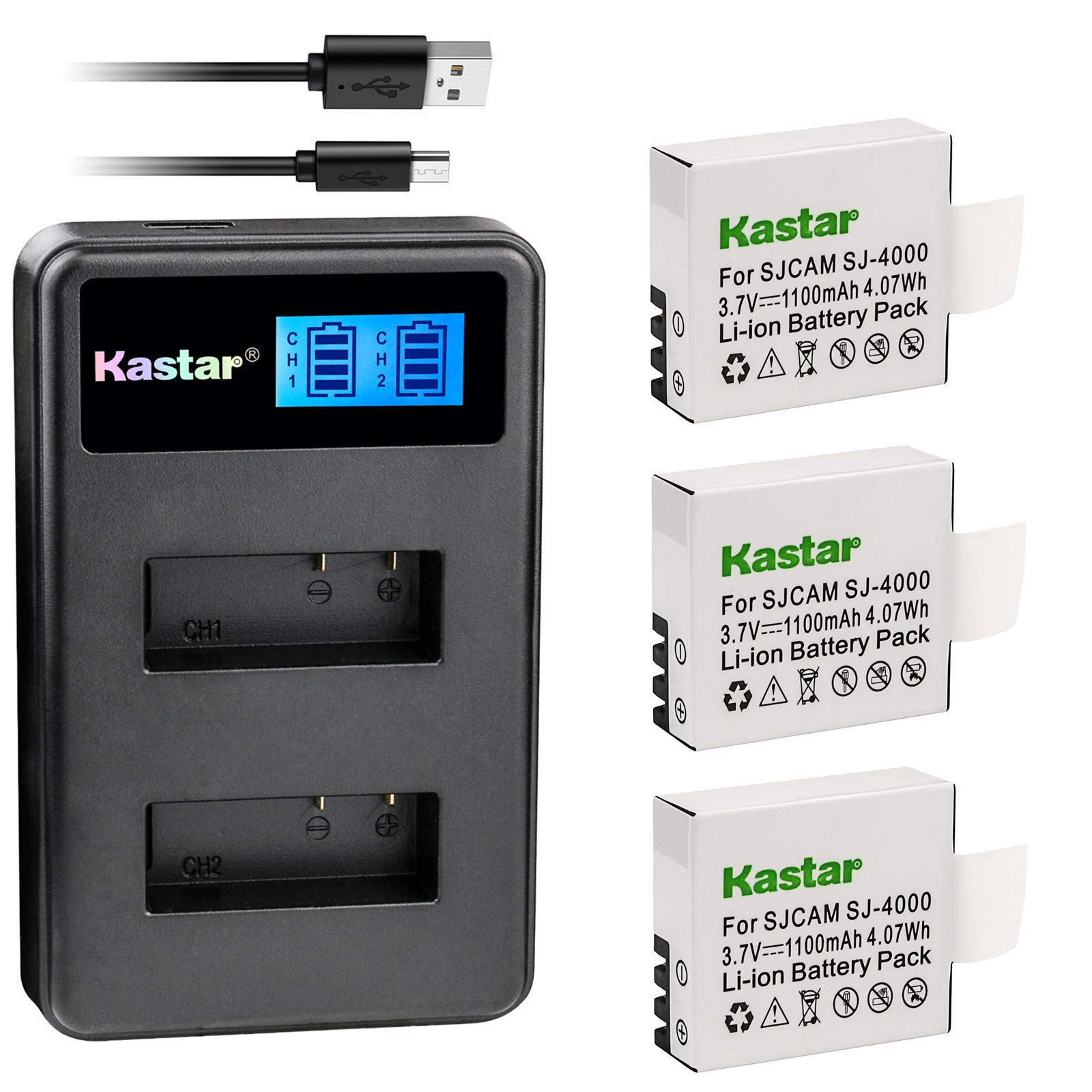 Kastar Battery 3 Pack and LCD Dual Charger for Eken PG1050 SJCAM SJ4000B & Evolveo Sportcam W7 Evolveo Sportcam W8 QUMOX SJ4000 QUMOX SJ4000 WiFi QUMOX SJ5000 QUMOX SJ5000 WiFi QUMOX SJ6000 SJCAM M10