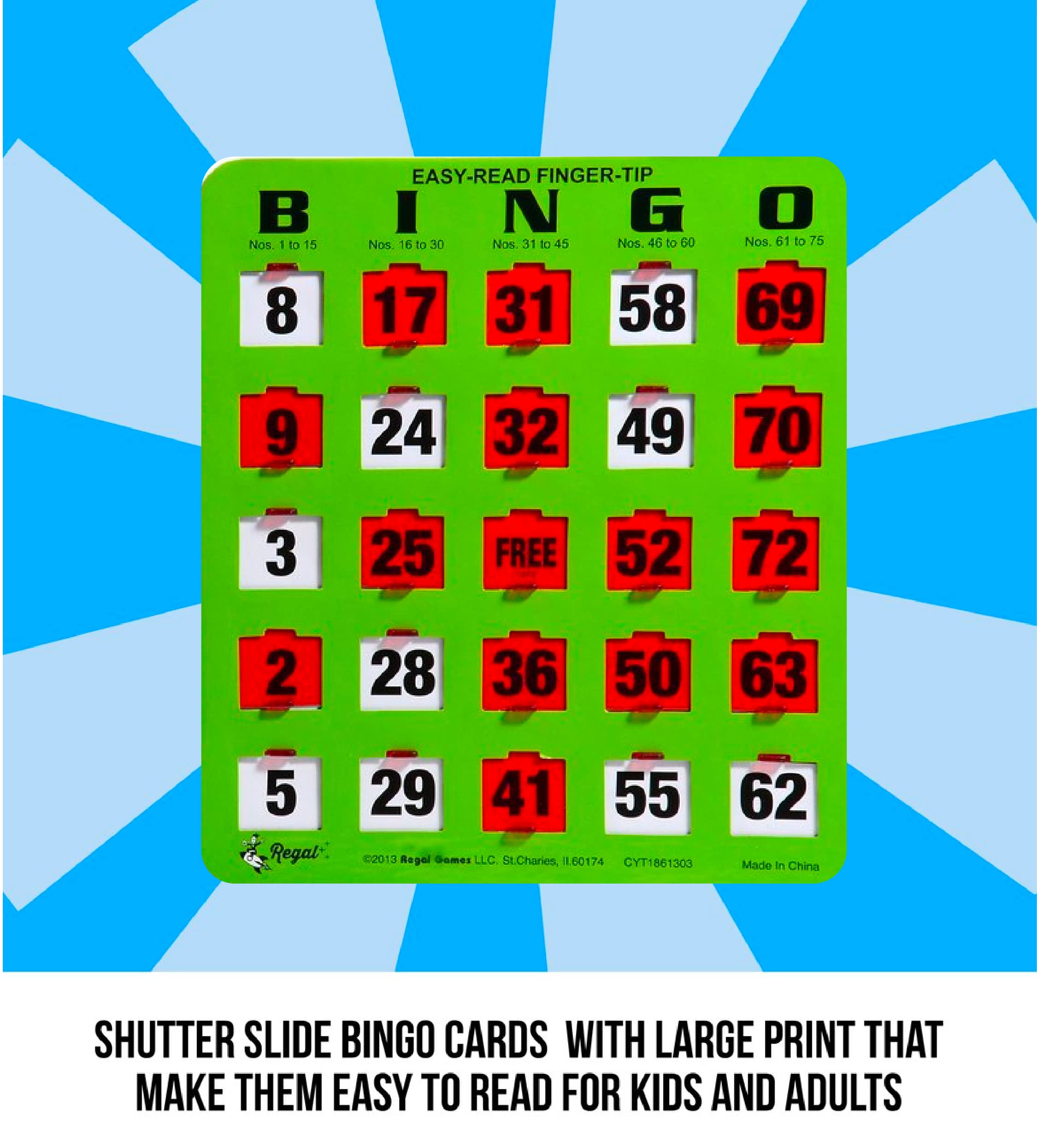 Regal Bingo Bulk Bingo Cards with Sliding Windows - Reusable Large Print Bingo Game Cards for Adults Large Group - 10 Pack, Green