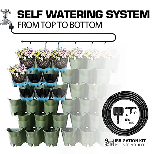 Worth Garden 36 Pockets Self Watering Vertical Planters Indoor Outdoor Living Wall Mounted - 9' Automatic Dripping Irrigation System Hose Kit Stackable Plastic Pot Herb Plants Home Balcony Decoration