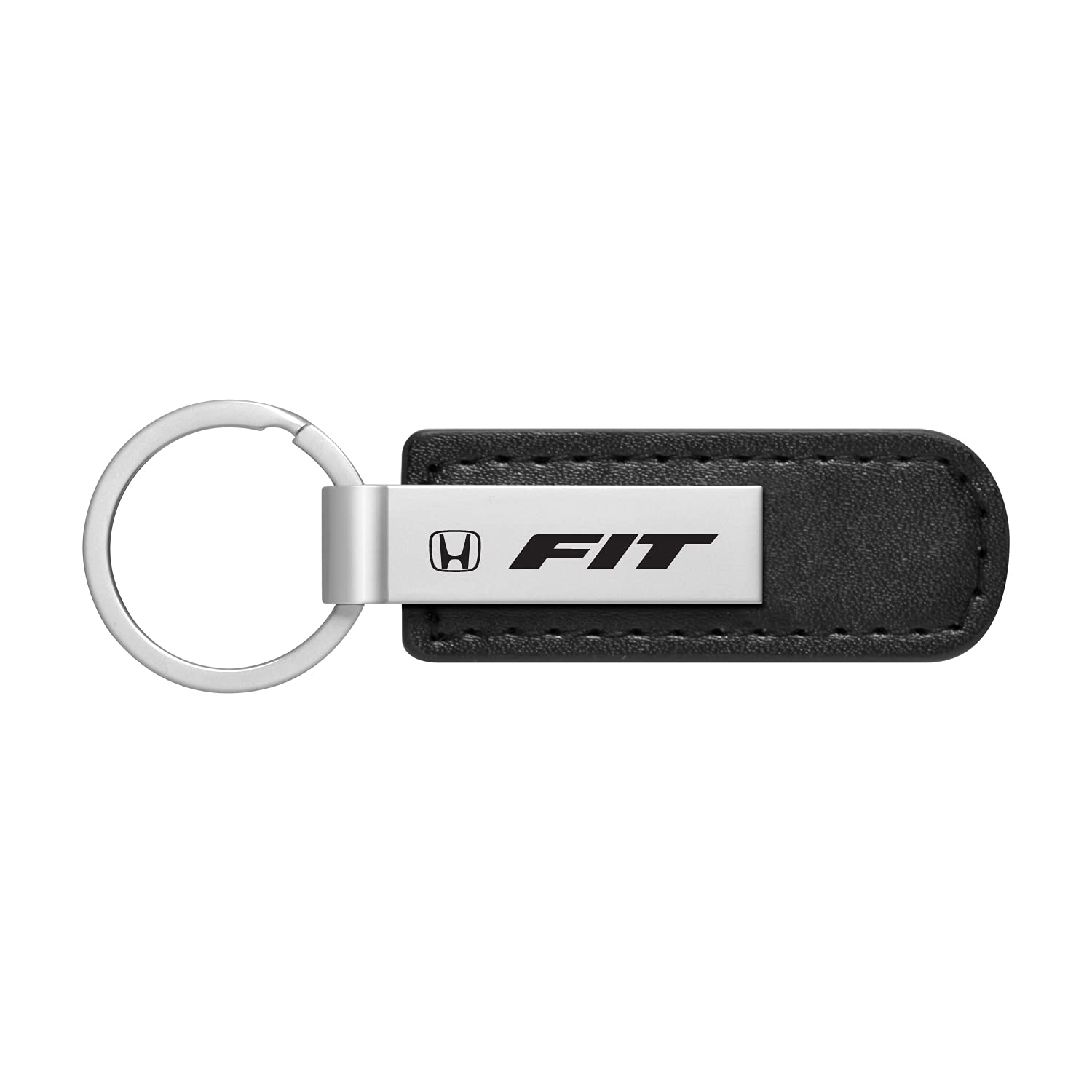 iPick Image for Honda Fit Silver Metal Plate Black PU Leather Strap Key Chain Keychain, Official Licensed