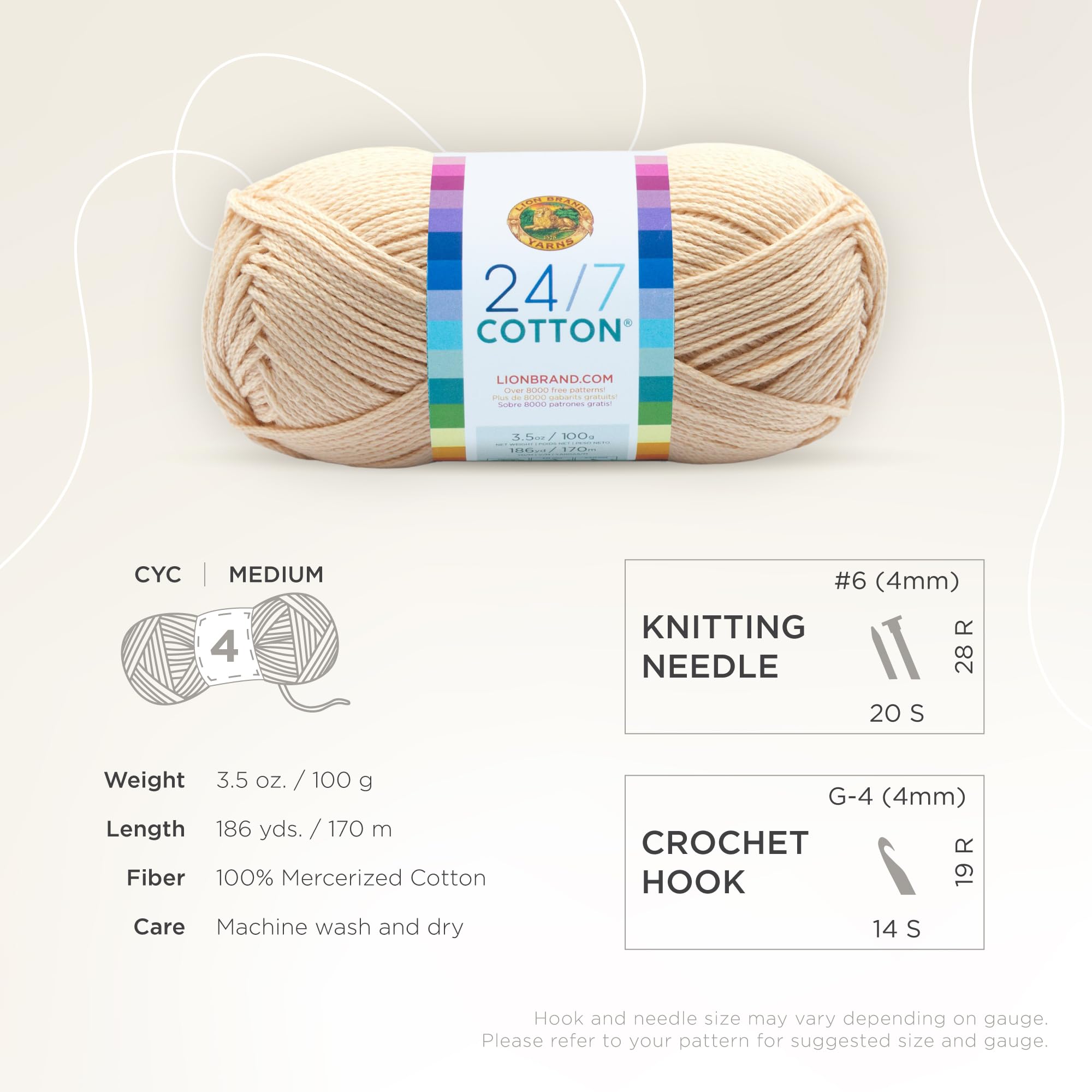 Lion Brand 24/7 Cotton Yarn, Lightweight Yarn for Knitting, Crocheting, and Crafts, Ecru, 3 Pack