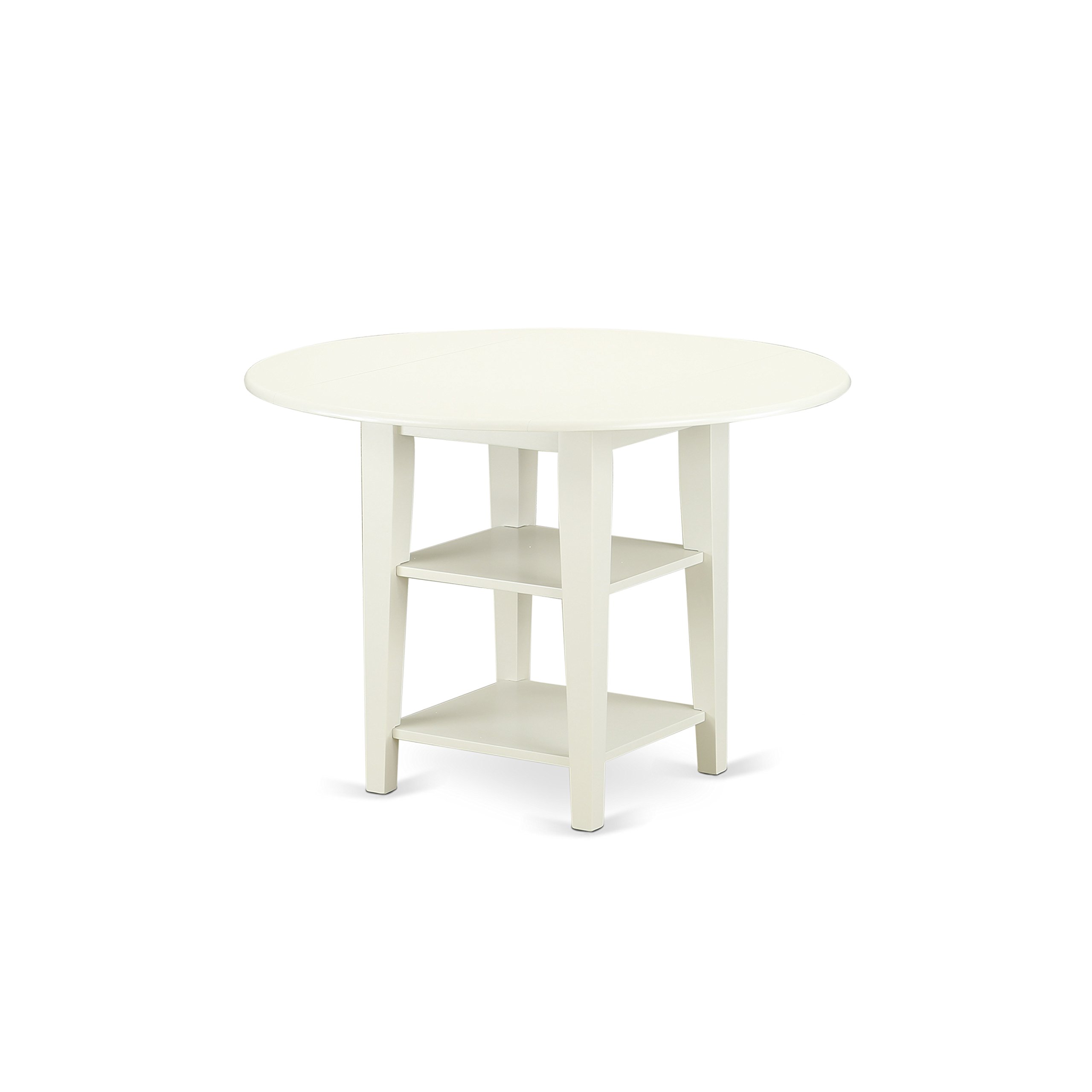 East West Furniture SUBO5-LWH-LC 5 Piece Dining Set Includes a Round Dining Table with Dropleaf & Shelves and 4 Faux Leather Kitchen Room Chairs, 42x42 Inch, Linen White