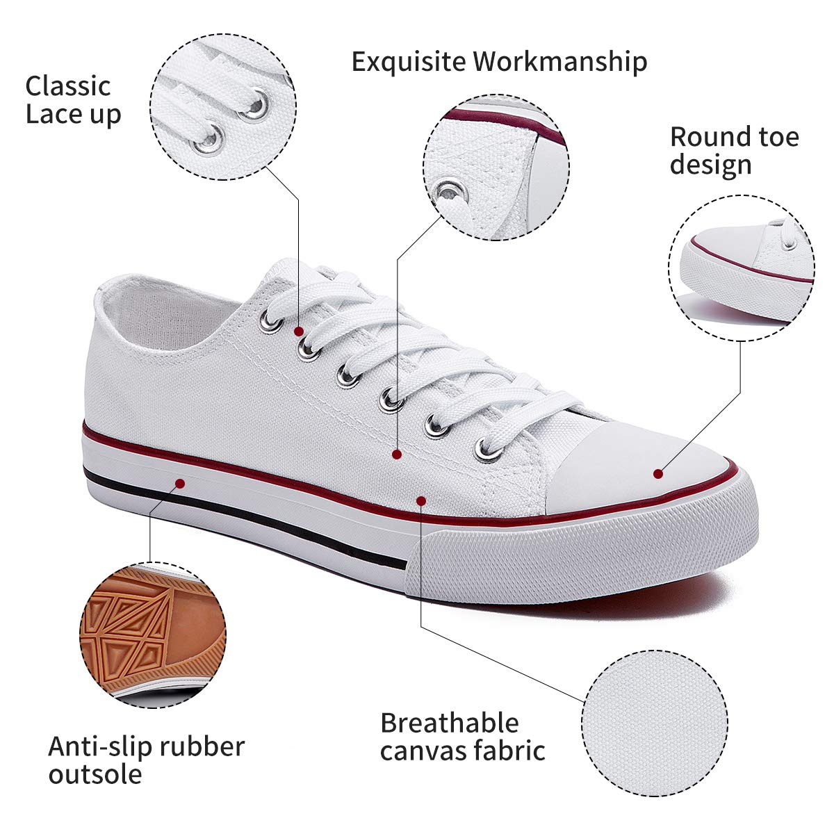 Adokoo Womens Canvas Shoes Casual Cute Sneakers Low Cut Lace up Fashion Comfortable for Walking(White,US11