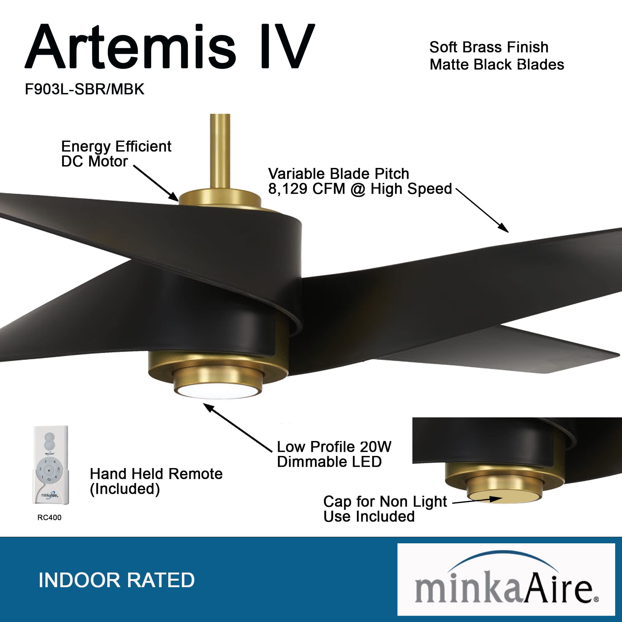 MINKA-AIRE F903L-SBR/MBK Artemis IV 64 Inch Ceiling Fan with LED Light and DC Motor in Soft Brass Finish and Matte Black Blades