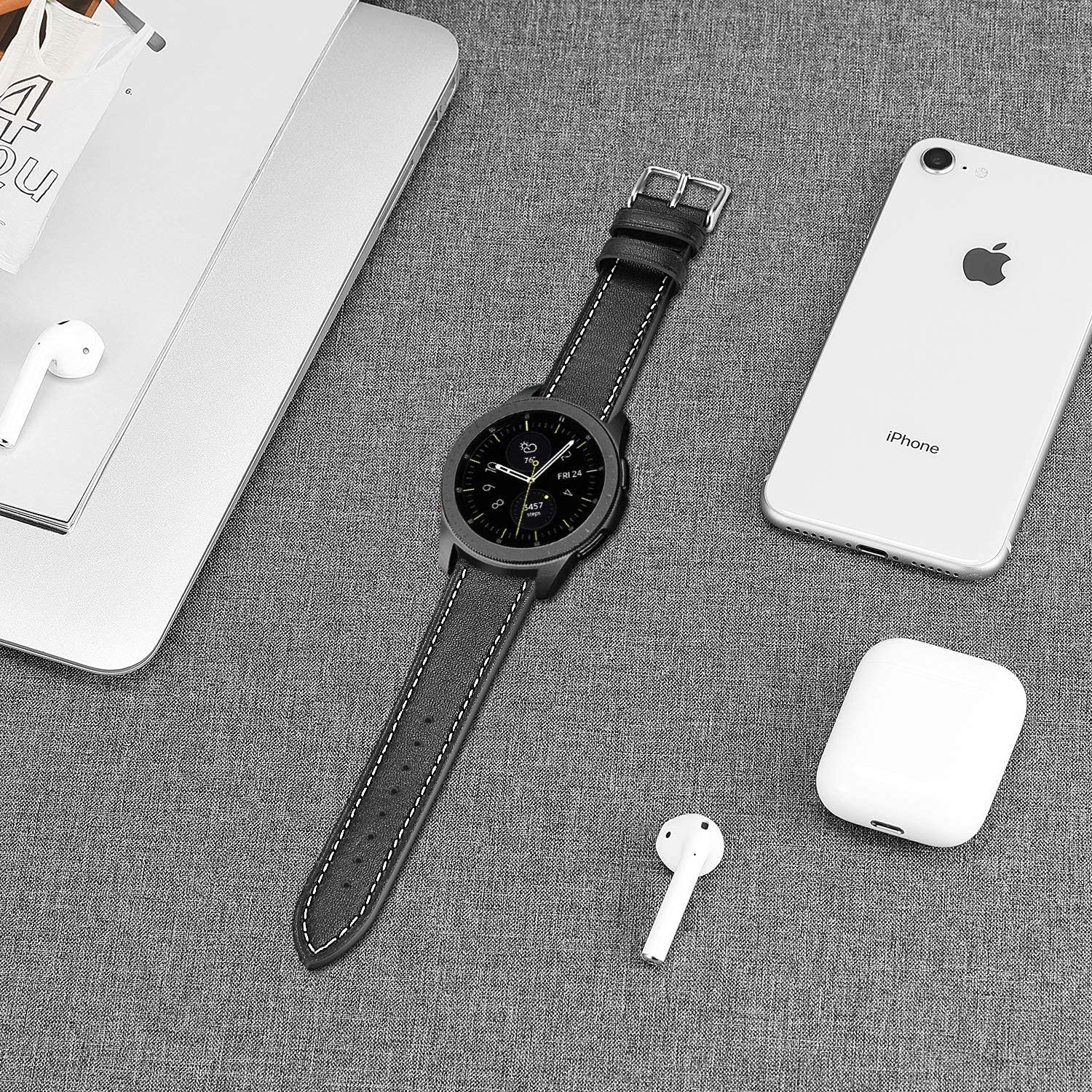 Fintie 20mm Leather Bands Compatible with Samsung Galaxy Watch FE, 7/6/5/4 40mm 44mm / 6 Classic 47mm 43mm / 5 Pro 45mm, Black