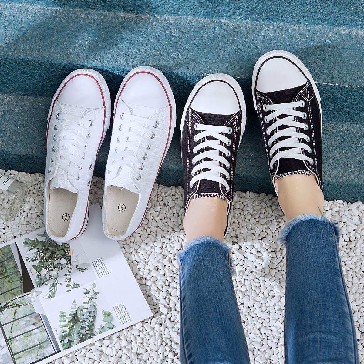 Adokoo Womens Canvas Shoes Casual Cute Sneakers Low Cut Lace up Fashion Comfortable for Walking(White,US11