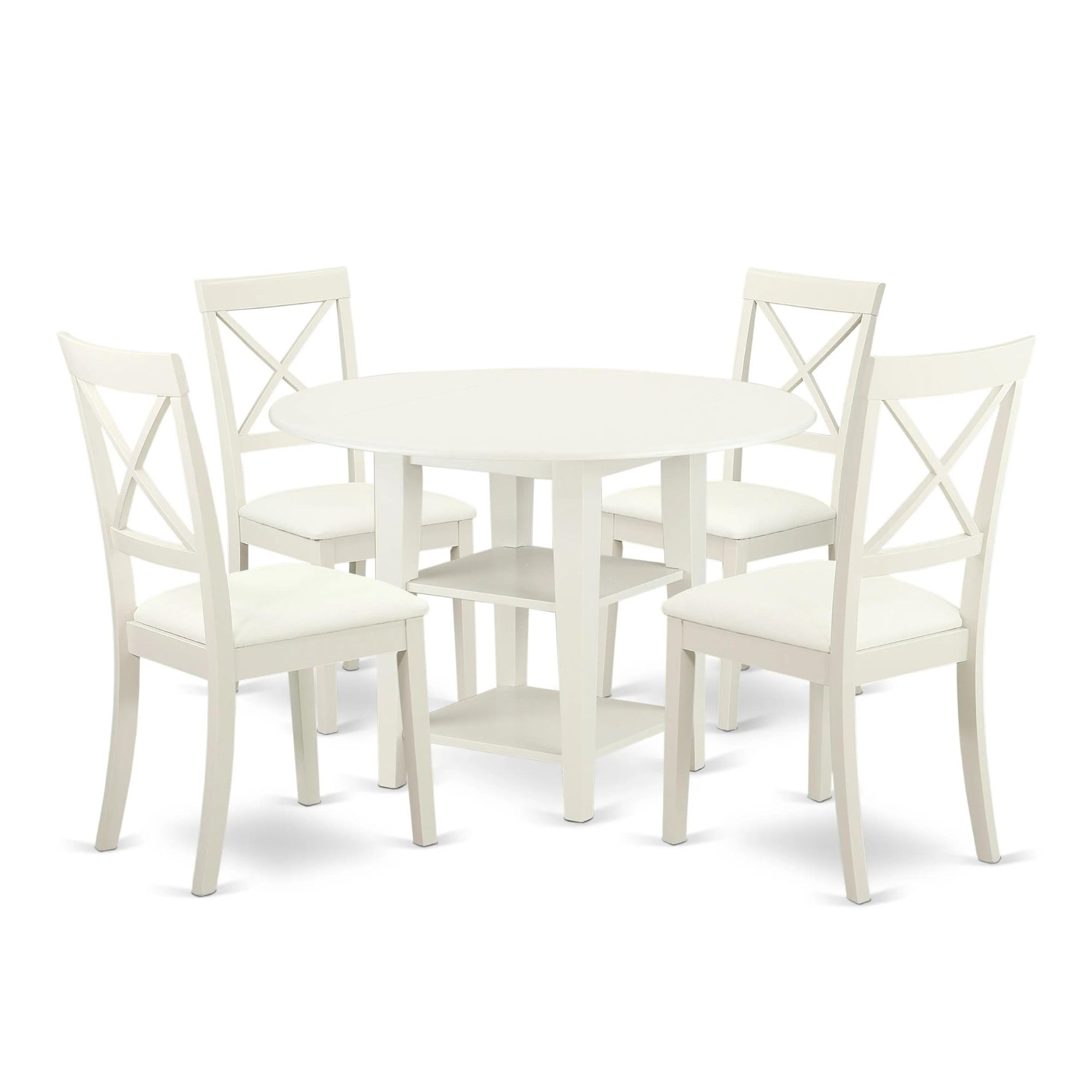 East West Furniture SUBO5-LWH-LC 5 Piece Dining Set Includes a Round Dining Table with Dropleaf & Shelves and 4 Faux Leather Kitchen Room Chairs, 42x42 Inch, Linen White