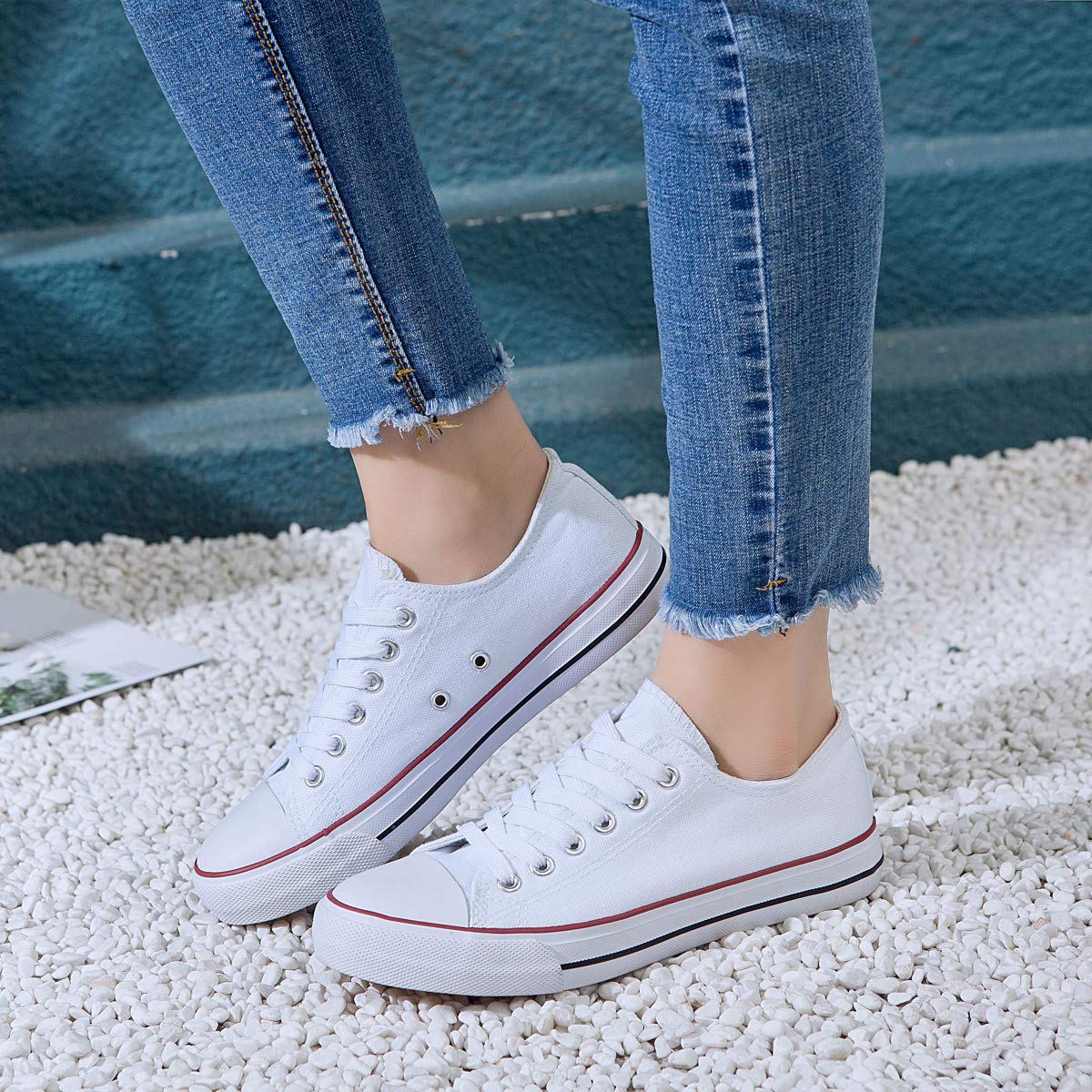 Adokoo Womens Canvas Shoes Casual Cute Sneakers Low Cut Lace up Fashion Comfortable for Walking(White,US11