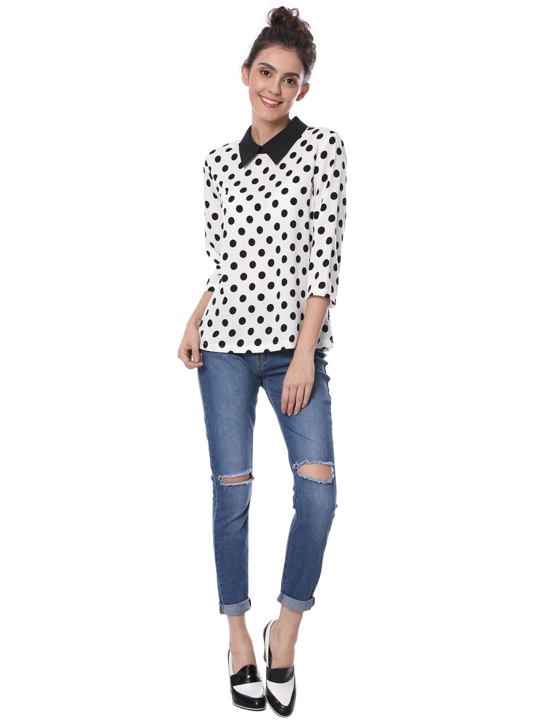Allegra K Women's Polka Dots Contrast Peter Pan Collar Top 3/4 Sleeves Blouse Shirt X-Small White