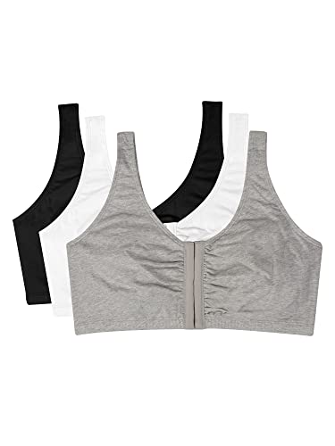 Fruit of the Loom womens Front Closure Cotton Sports Bra, Black/White/Heather Grey 3-pack, 36 US