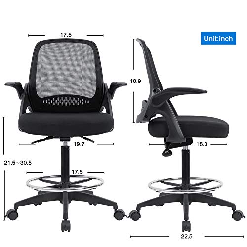 Devoko Drafting Chair Tall Office Chair with Flip-up Armrests Executive Computer Standing Desk Chair with Lockable Wheels and Adjustable Footrest Ring (Black)